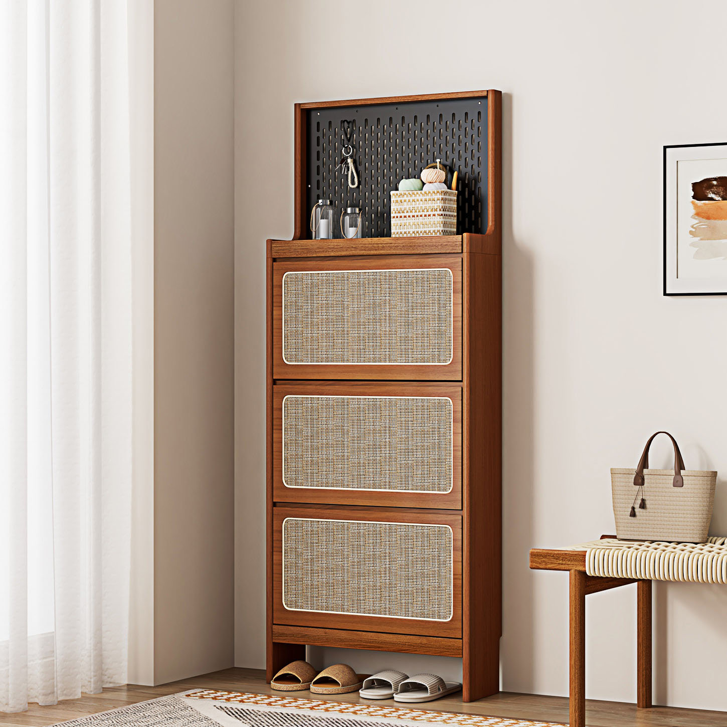 Bayou Breeze Rattan Shoe Cabinet, Free Standing Shoe Rack With 3 Flip ...