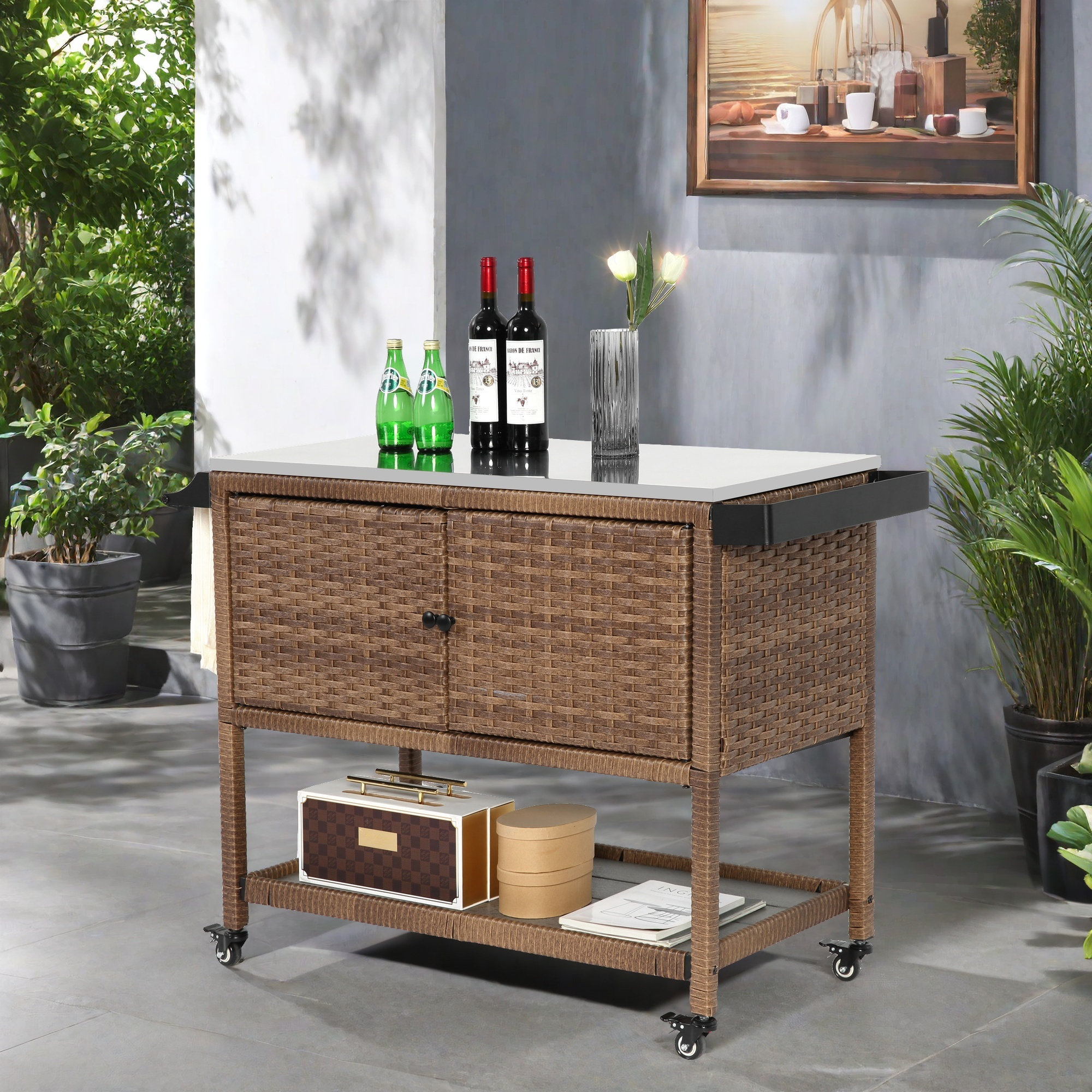 Latitude Run® Outdoor Rolling Wicker Bar Cart With Stainless Steel ...