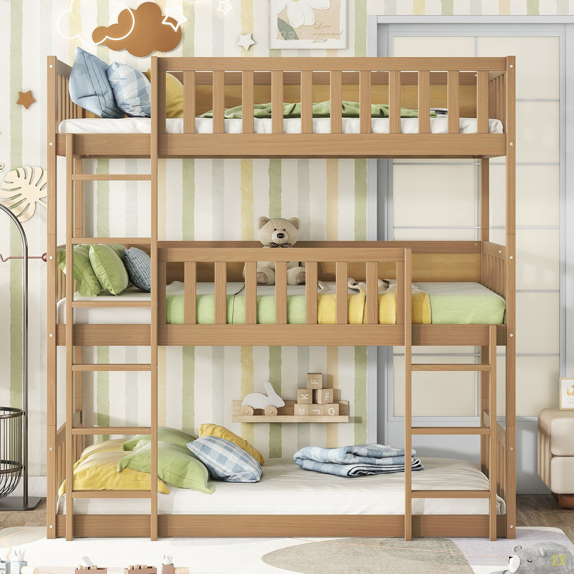 Harriet Bee Twin Size Triple Rubber Wood Bunk Bed, With Ladders, Guardrails Detachable Bunk Bed ...