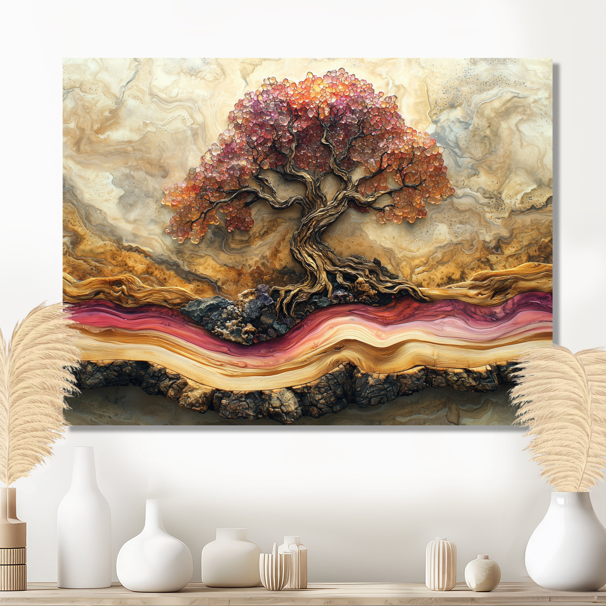 Lark Manor™ Pink Golden Marble Infinite Tree Of Life I - Tree Of Life ...