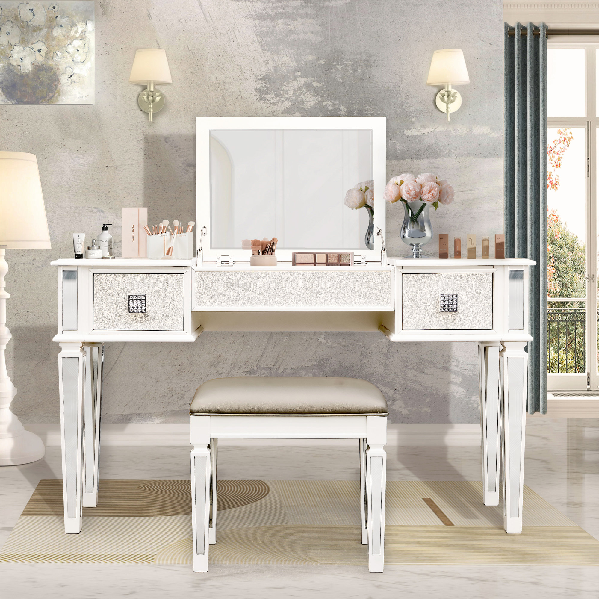 Ivy Bronx Mirrored Vanities Desk with Drawers, Space-Saving Flip-Up ...