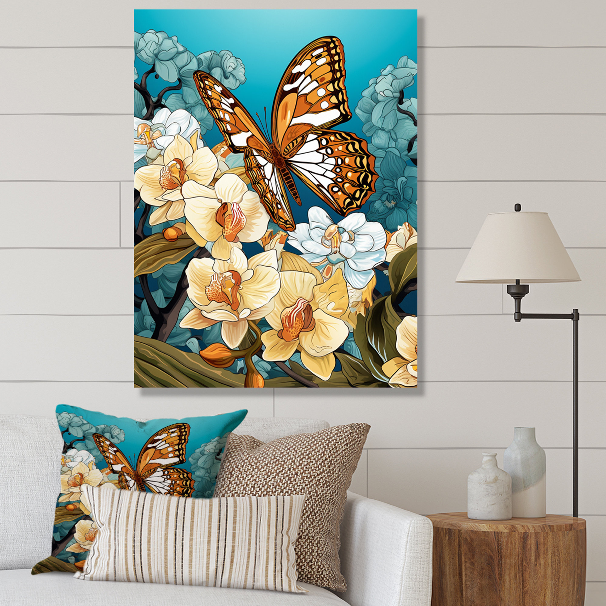 August Grove® Gracious Brown Butterfly On Orchids Retro | Wayfair