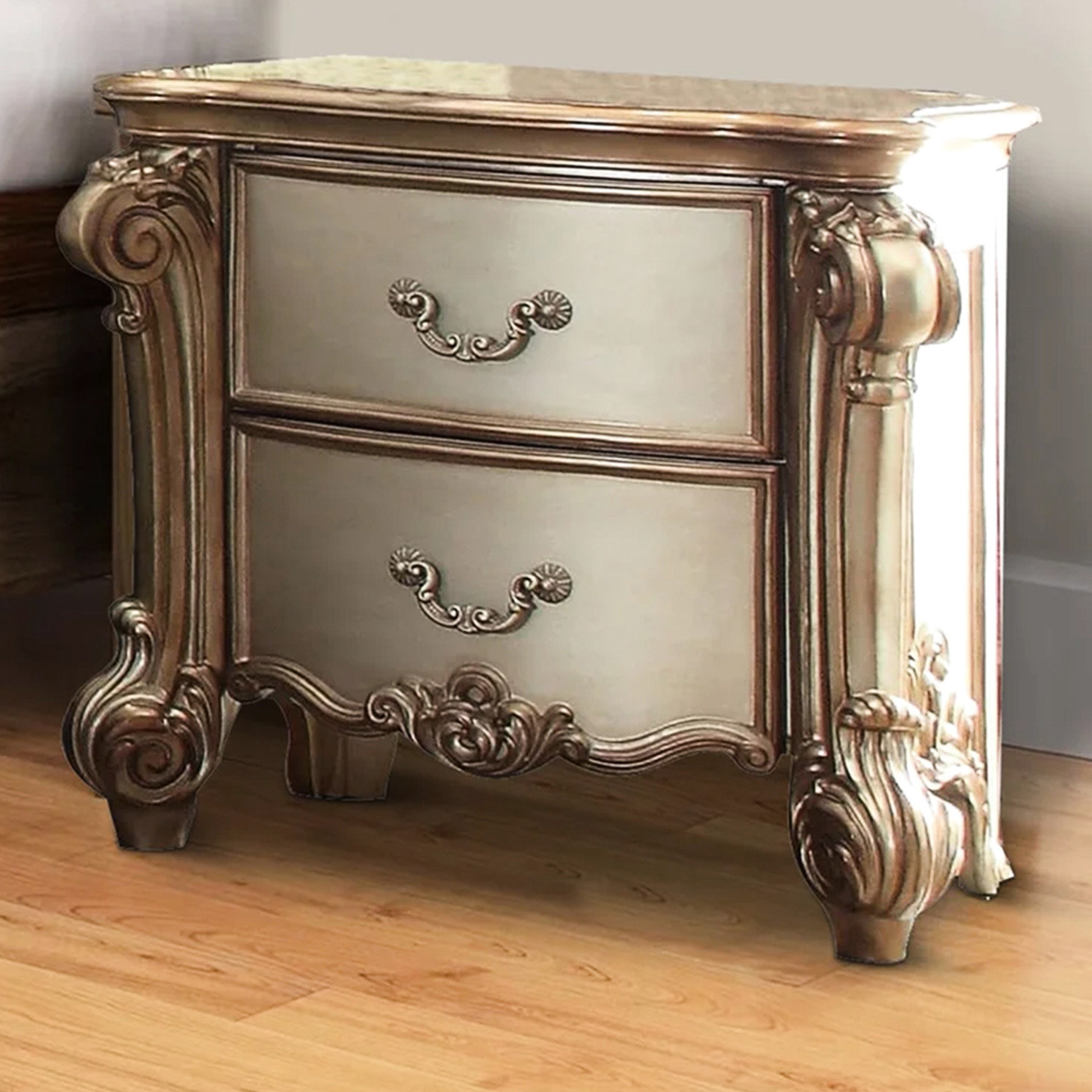 Latitude Run® Elegant Golden 2 Nightstand With Scrolled Legs And Metal ...