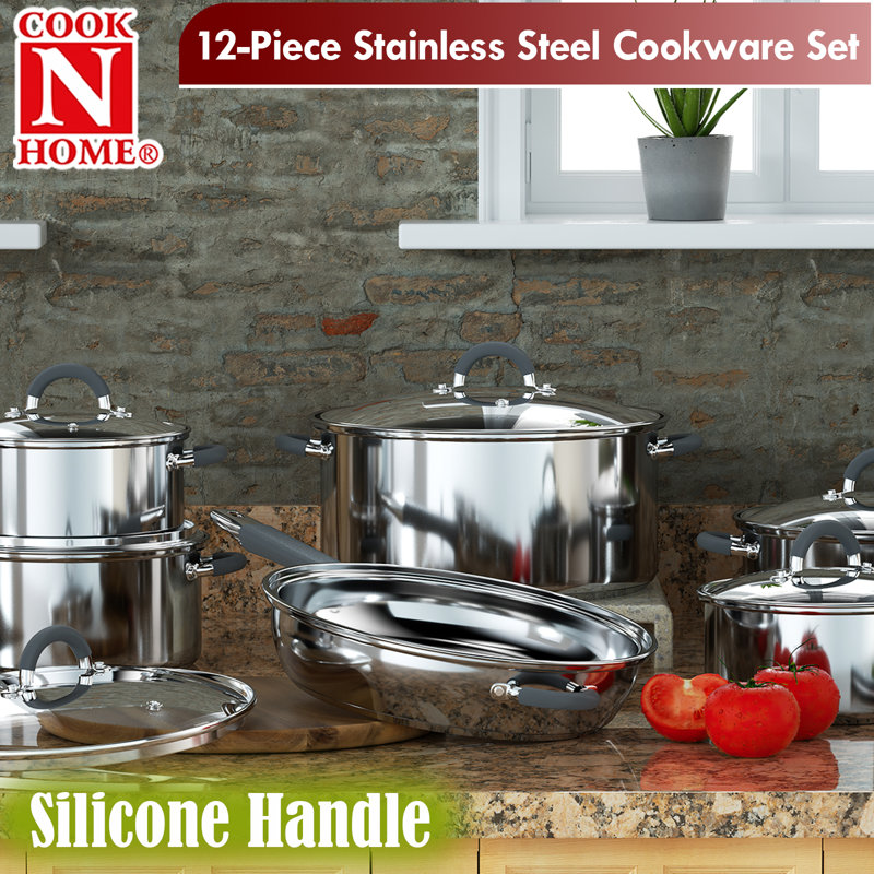 Cook N Home Kitchen Cookware Sets, 12-Piece Basic Stainless Steel Pots ...