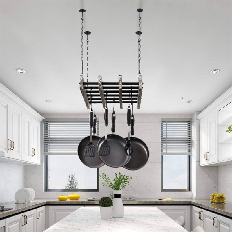 Gracie Oaks Ceiling Mounted Wooden Hanging Pot Rack & Reviews | Wayfair