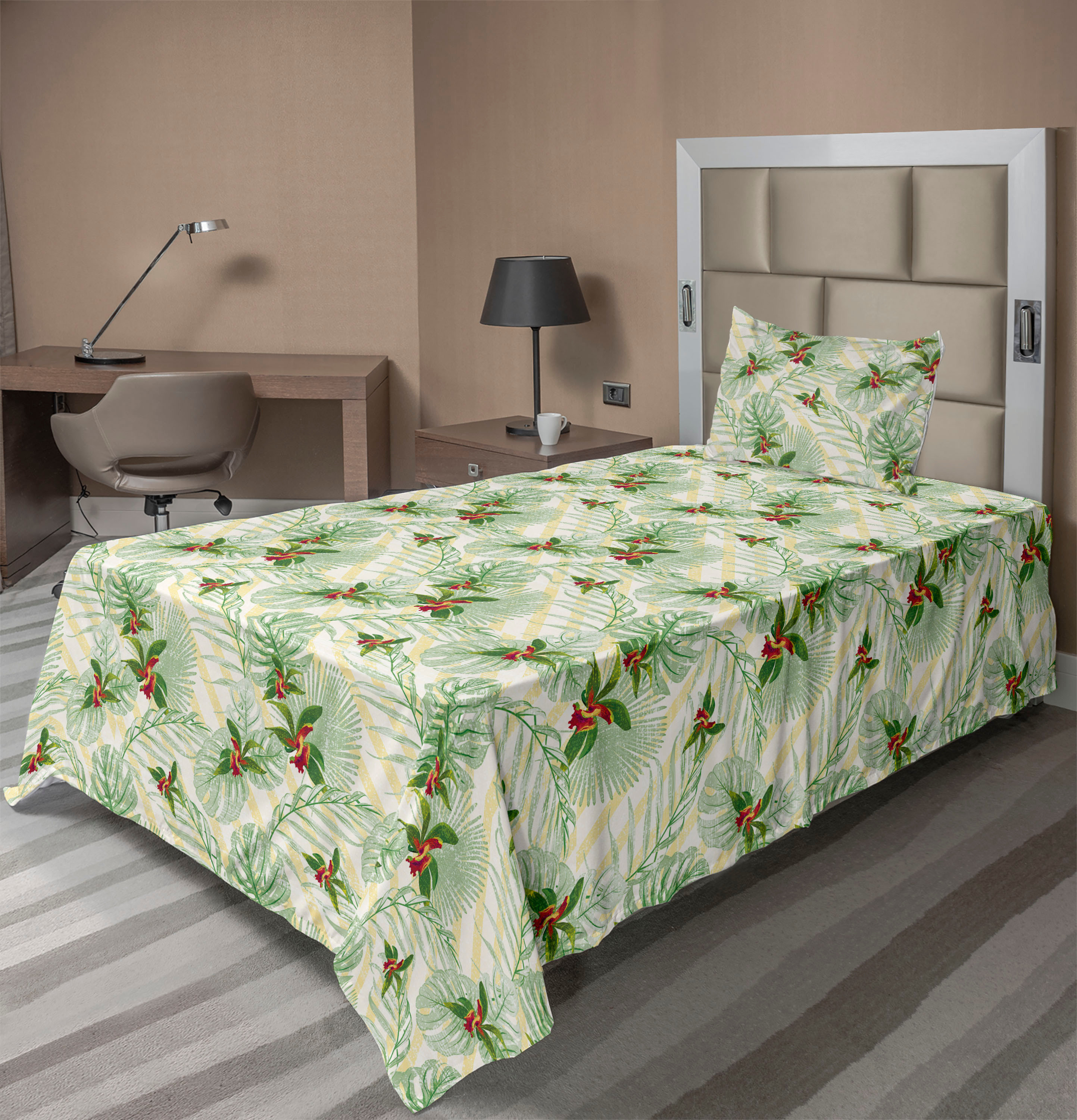 Ambesonne Hawaiian Sheet Set Tropical Jungle Art Orchid Fern Green ...