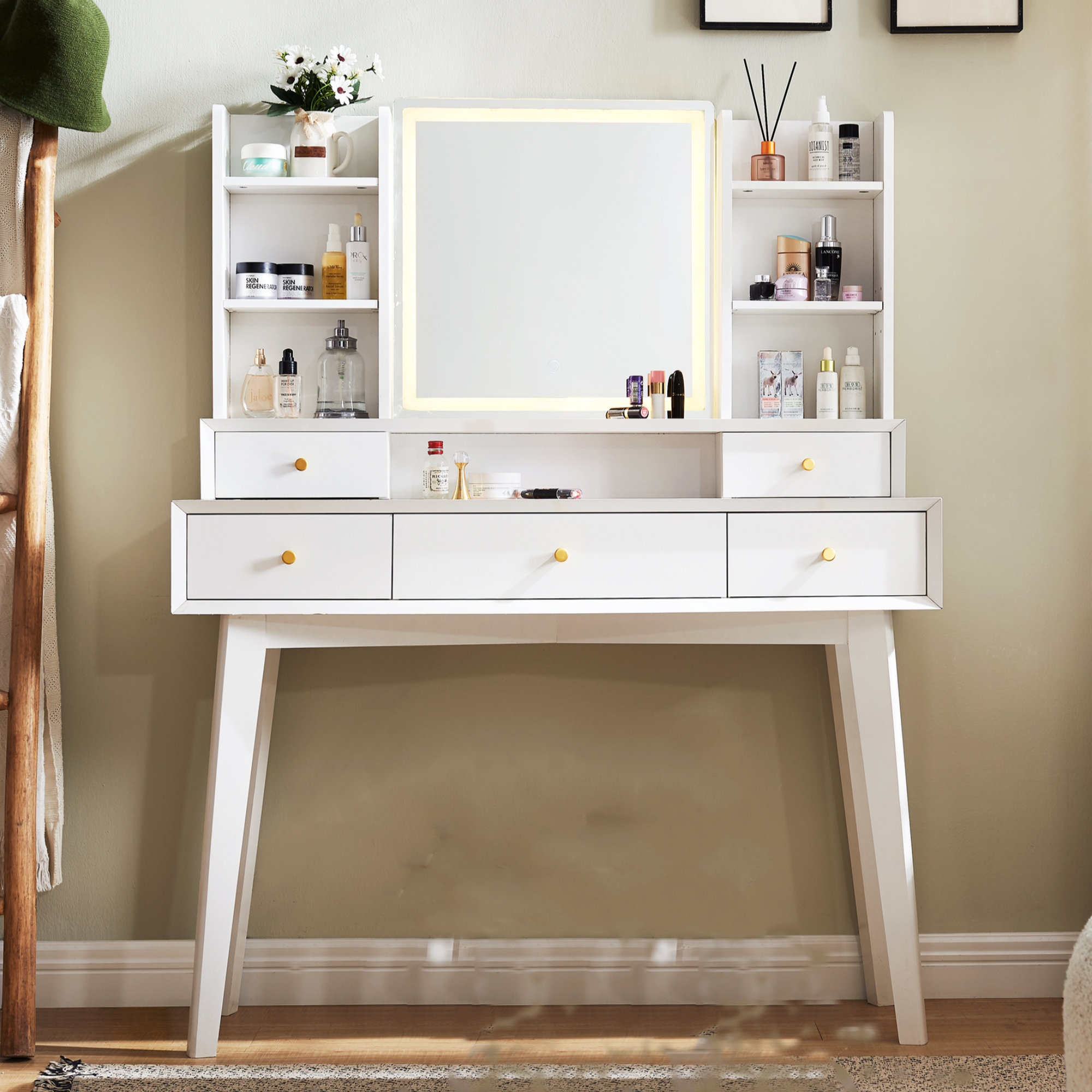 George Oliver Latunia Makeup Vanity Desk with LED Lighted Mirror & 5 ...