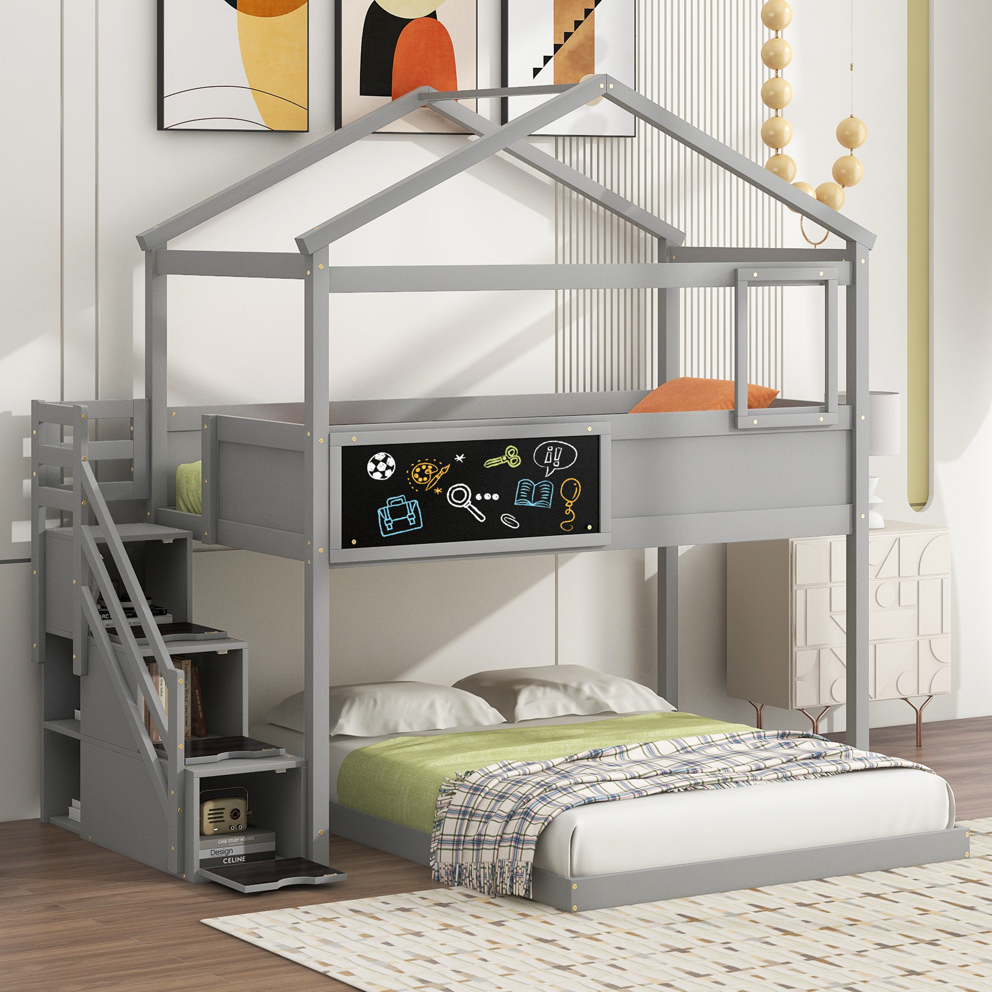 Latitude Run® Twin Over Full House Bunk Bed With Storage Stairs ...