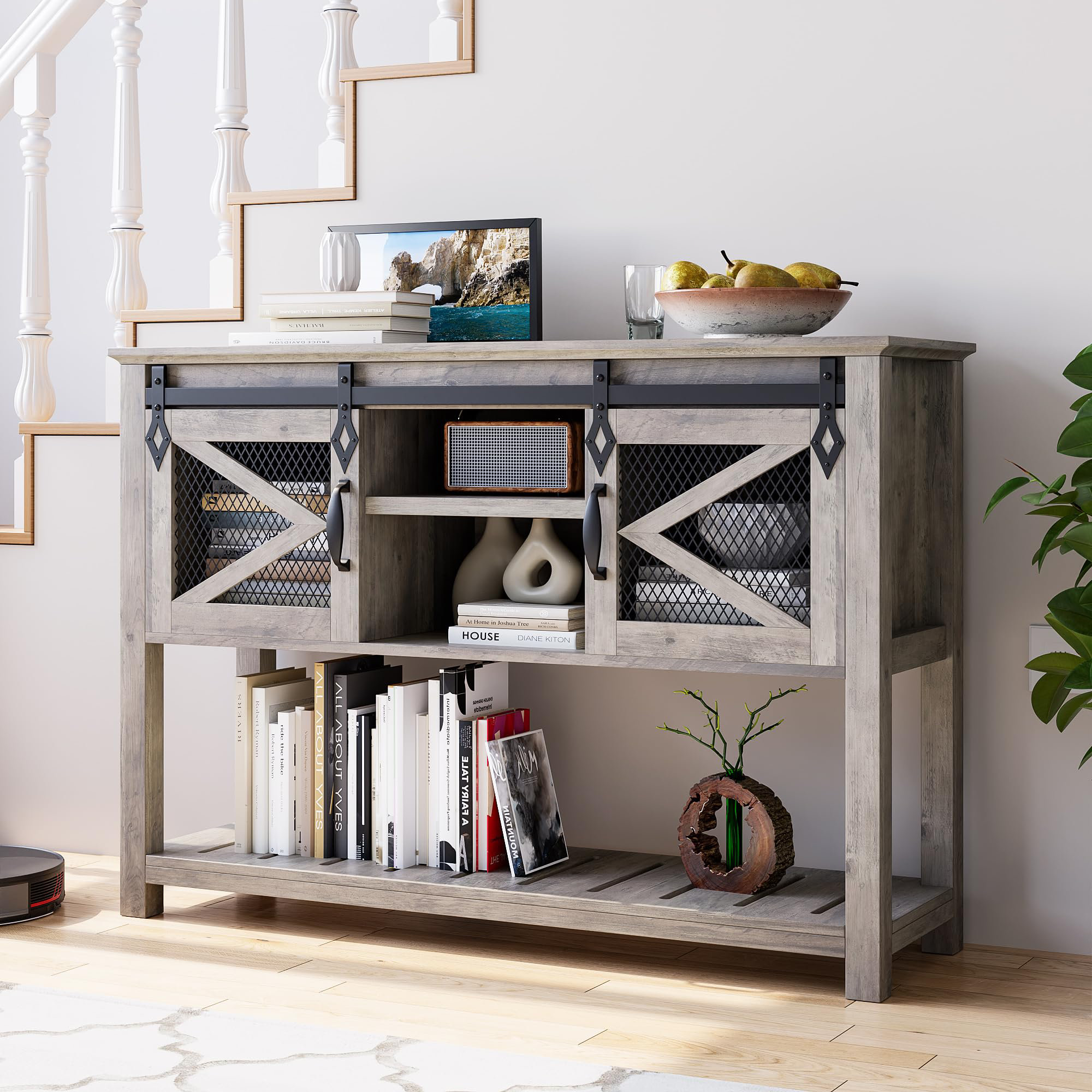 ZACOO Farmhouse Entryway Table With Sliding Barn Doors, Sofa Table With ...