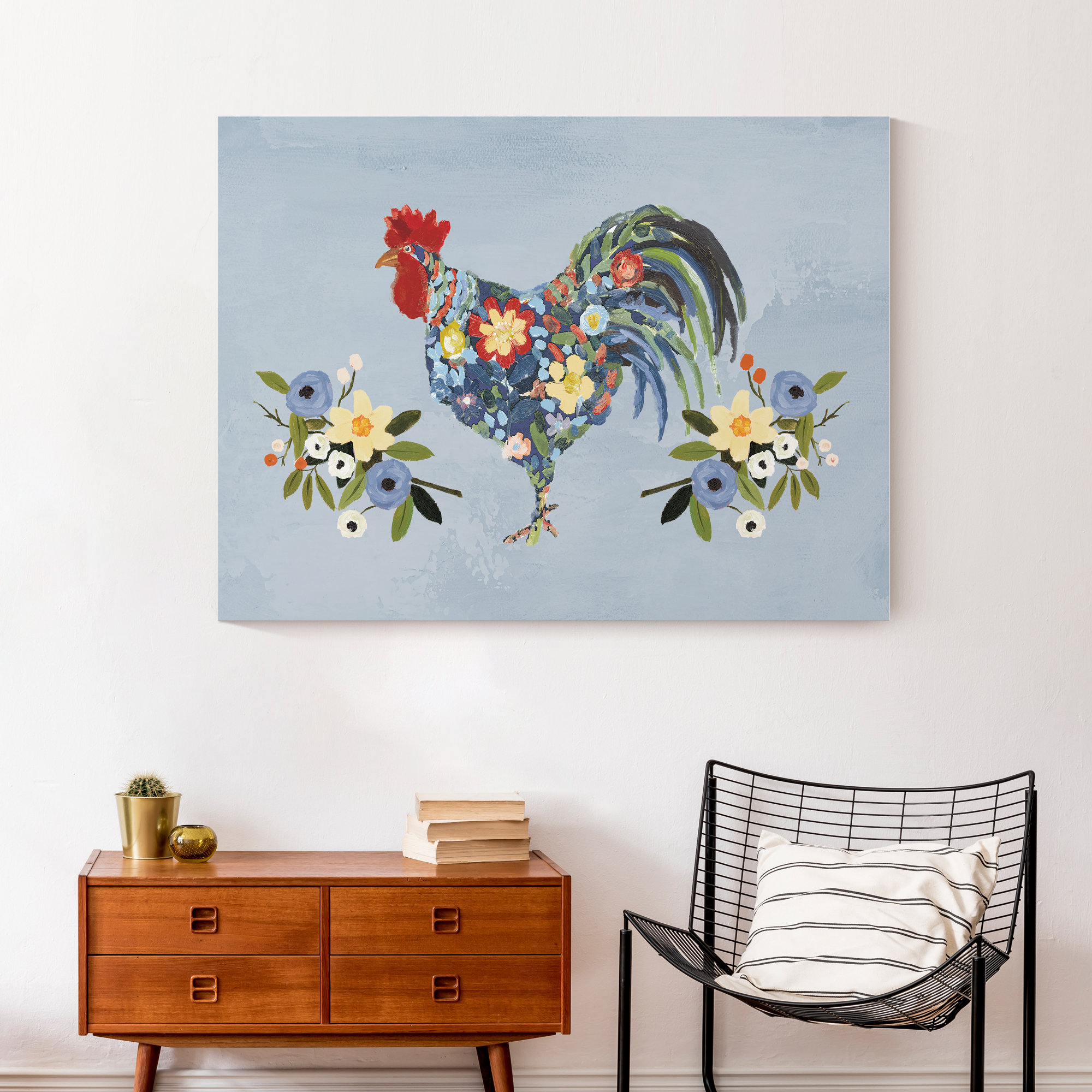 Rosalind Wheeler Floral Rooster Canvas Print | Wayfair