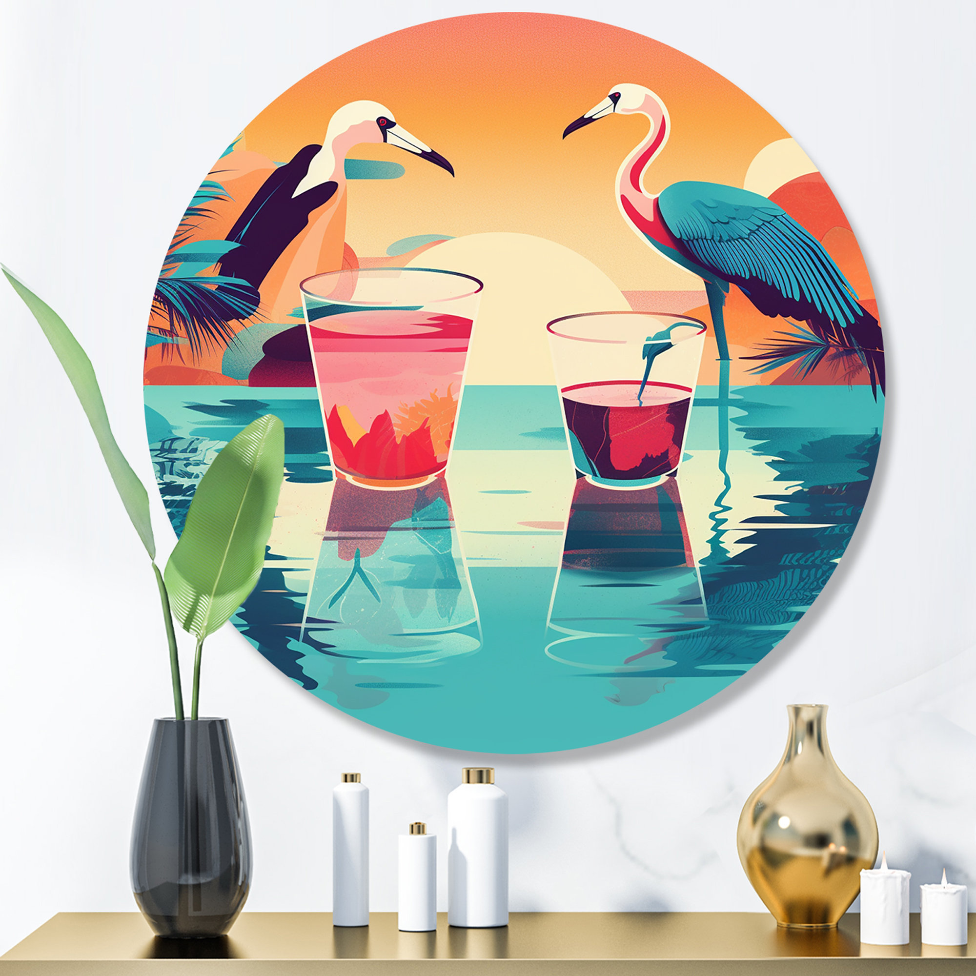 Bay Isle Home™ Jilliyn Blue Pink Flamingos In The Sea At Sunset ...