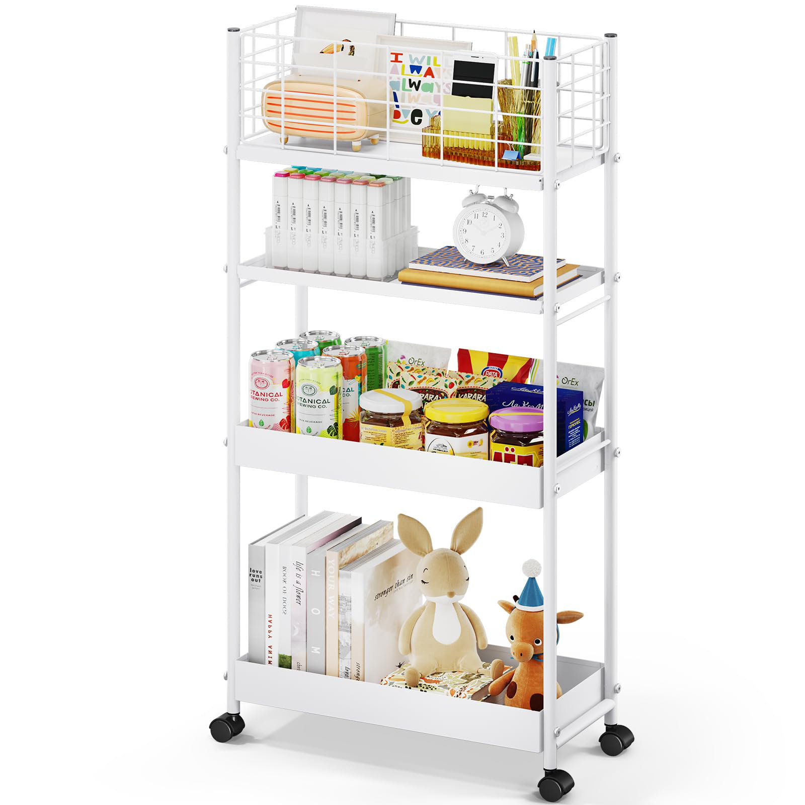 JIEKUOZONGZHUAN Slim Storage Cart, Four-Tier Metal Rolling Utility Cart ...