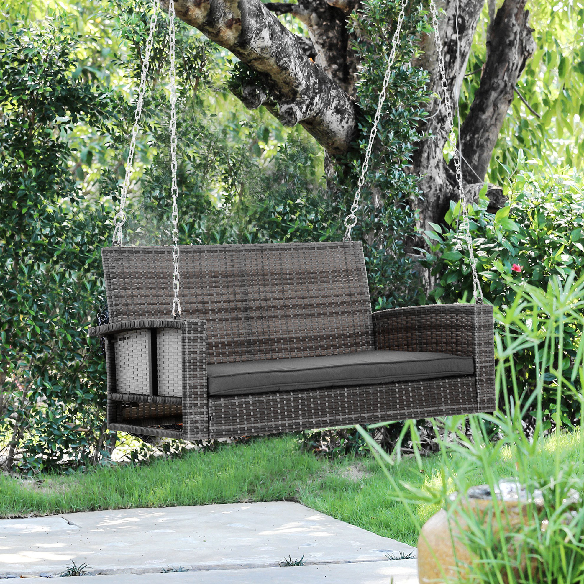 Winston Porter Outsunny 2 Person Wicker Hanging Swing Bench, Front Porch Swing Outdoor Chair ...