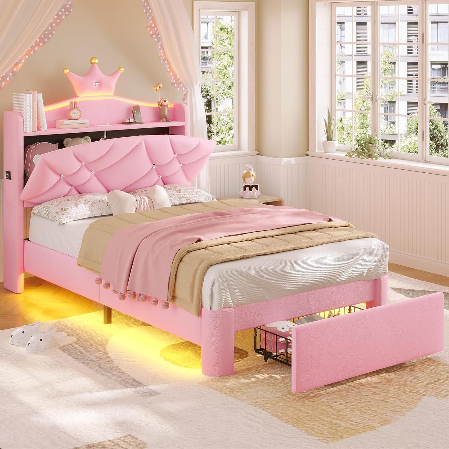 Gemma Violet Tiwn Led Bed Frame With Storage Headboard & Storage ...