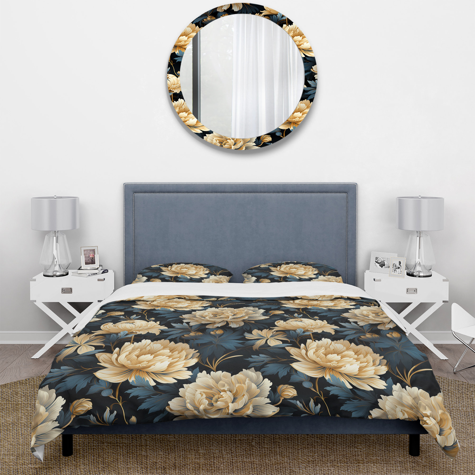 Design Art Beige And Blue Ornate Damask Legacy I - Floral Duvet Cover ...