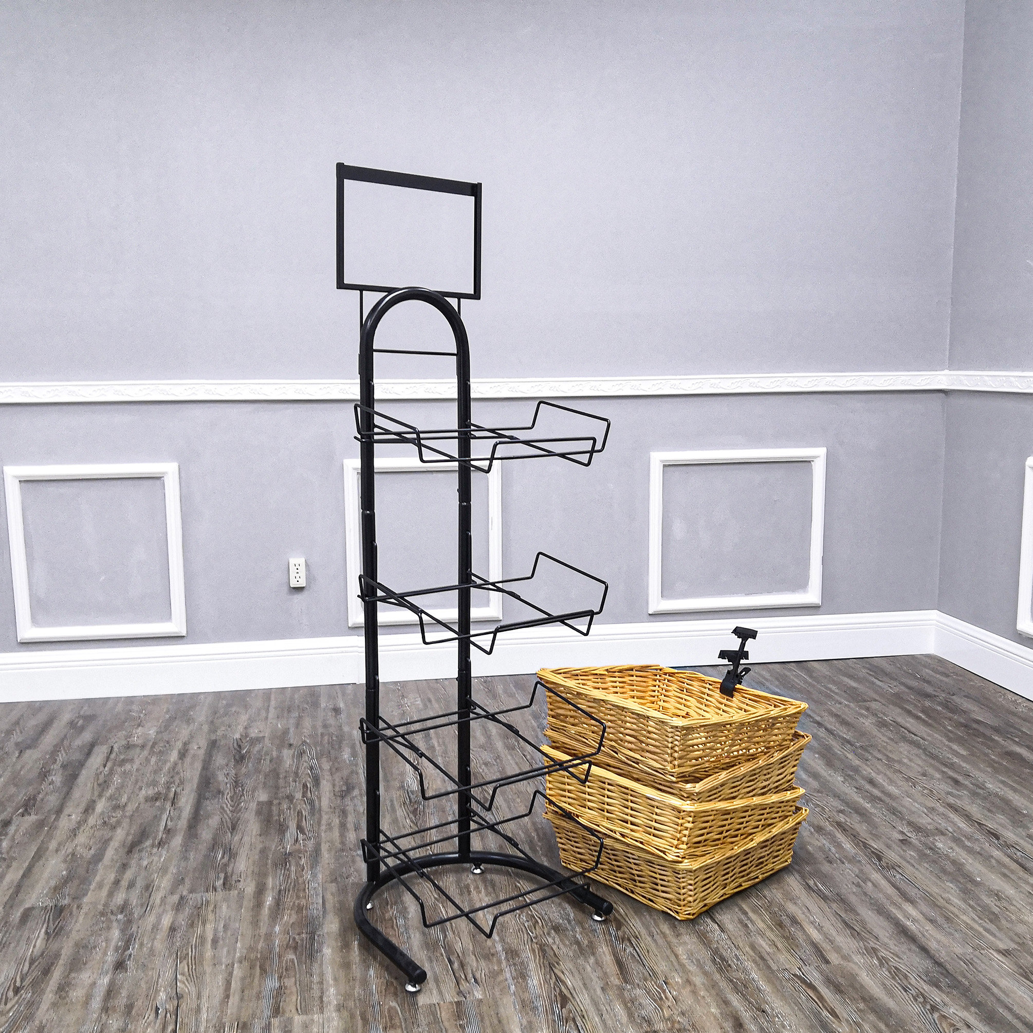Bayou Breeze 4 Tier Basket Stand, Sign Clips Wicker - Black | Wayfair