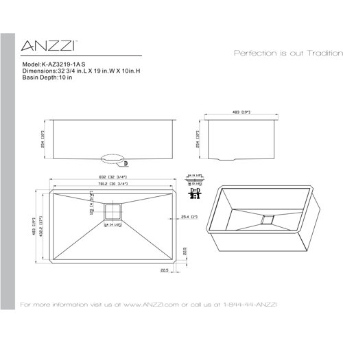 ANZZI Vanguard 32'' L Undermount Single Bowl Stainless Steel Kitchen ...