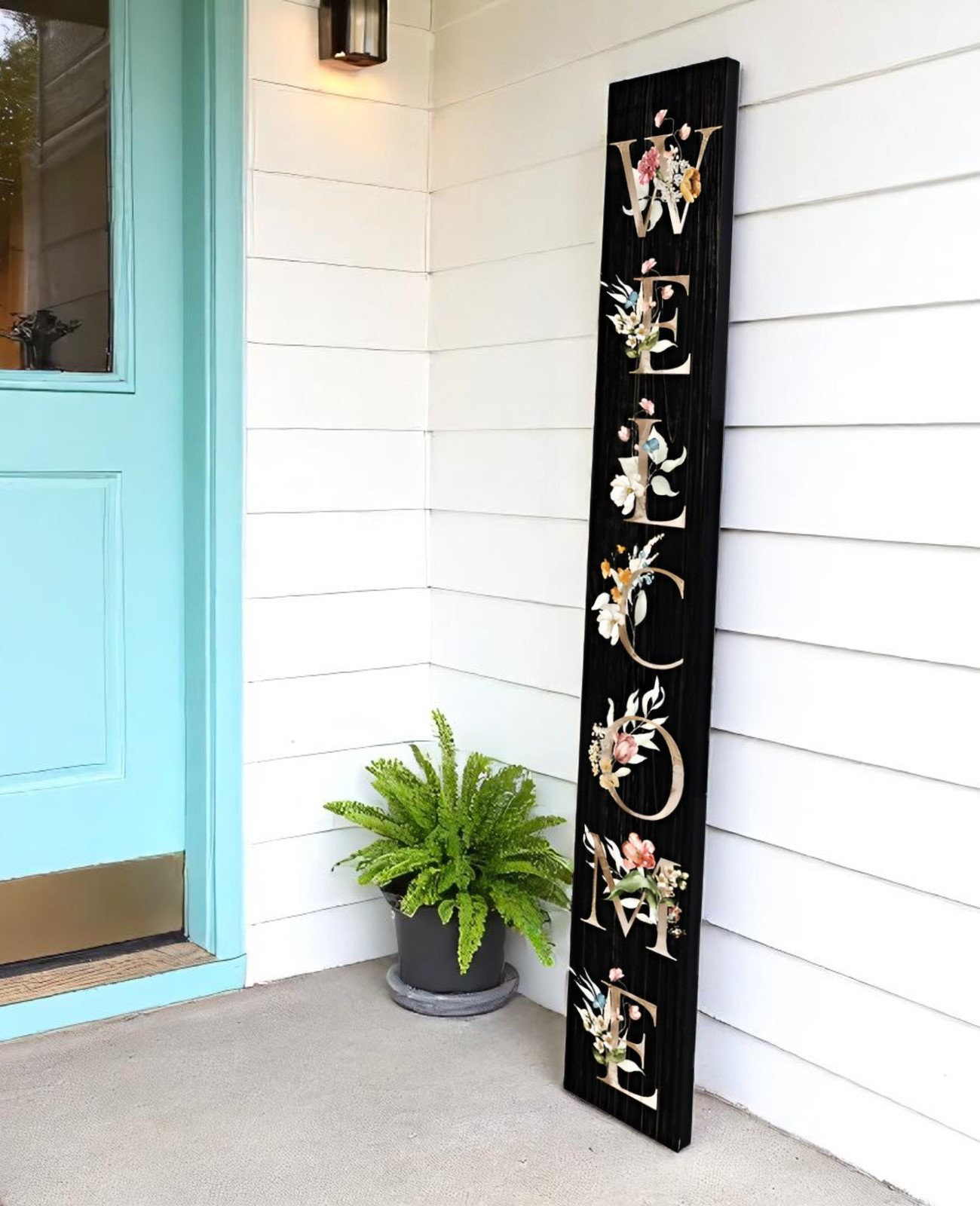 HomeRoots 72" Black Solid Wood Floral Welcome Porch Sign | Wayfair
