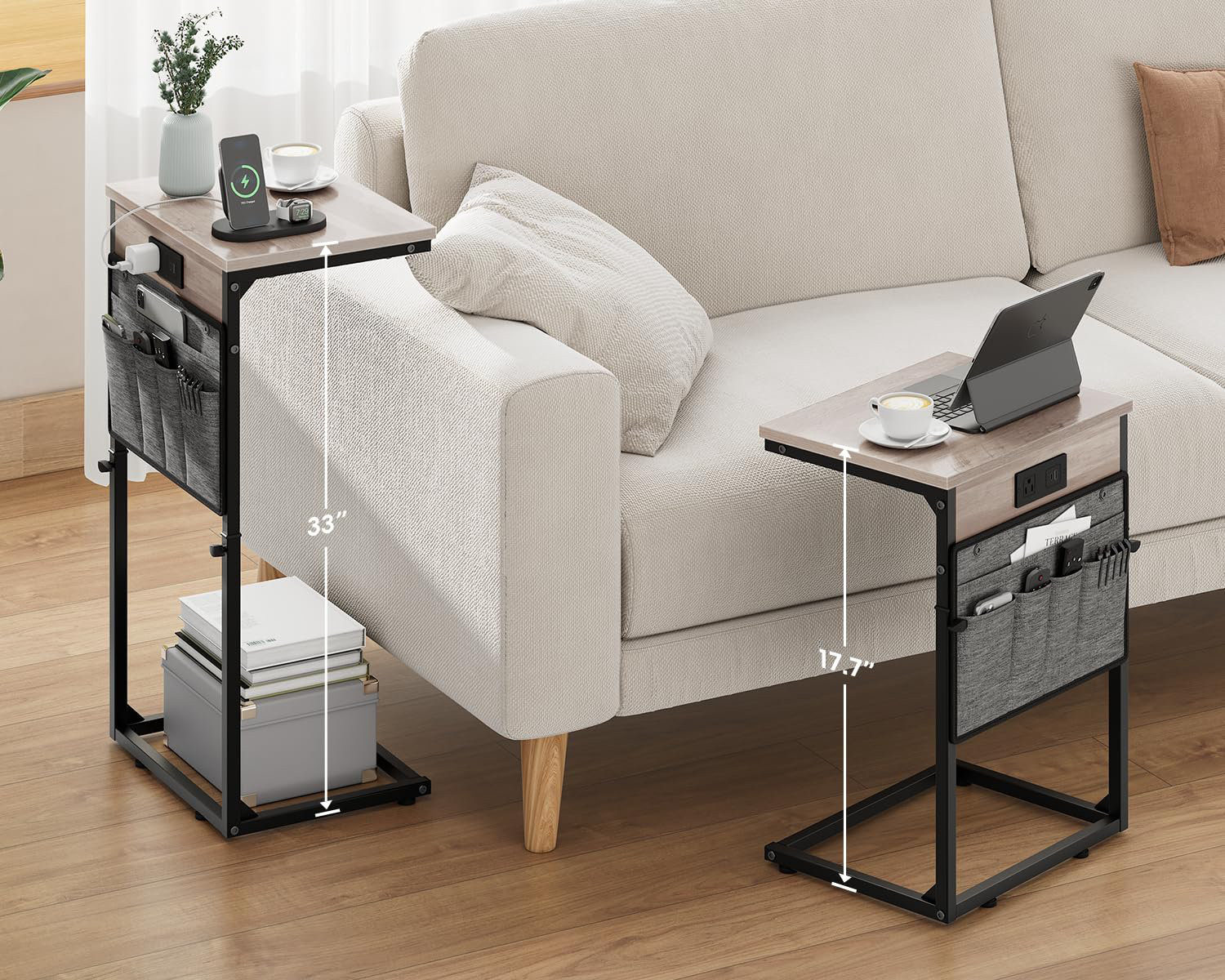 17 Stories C Shaped End Table With Charging Station, 33" Tall Side ...