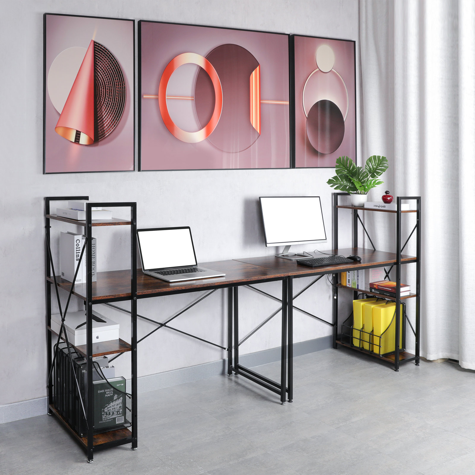 Josatina Home 47 inches Rectangular Black Computer Desk with Shelves ...