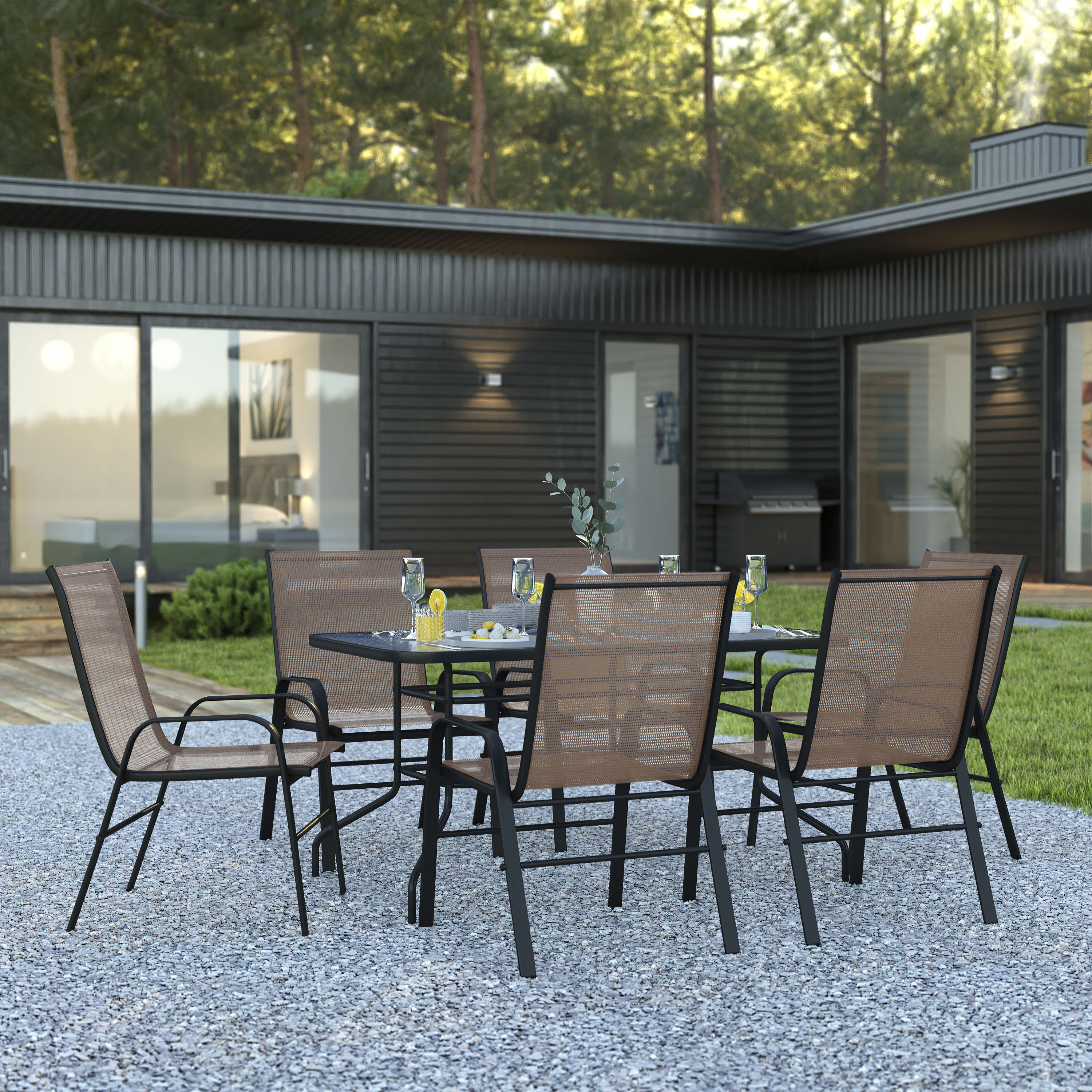 Lark Manor™ Elgin Patio Dining Set with Glass Table and Flex Stack ...