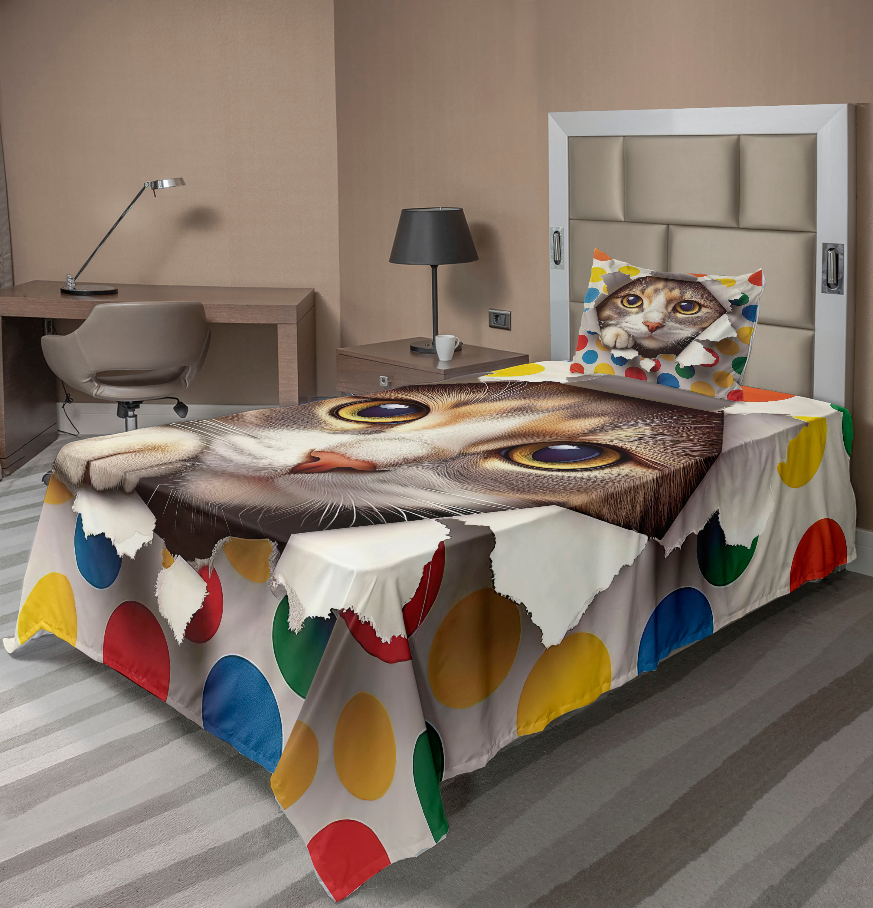 Ambesonne Cat Sheet Set Mischief Kitty Peaking Dots Multicolor | Wayfair