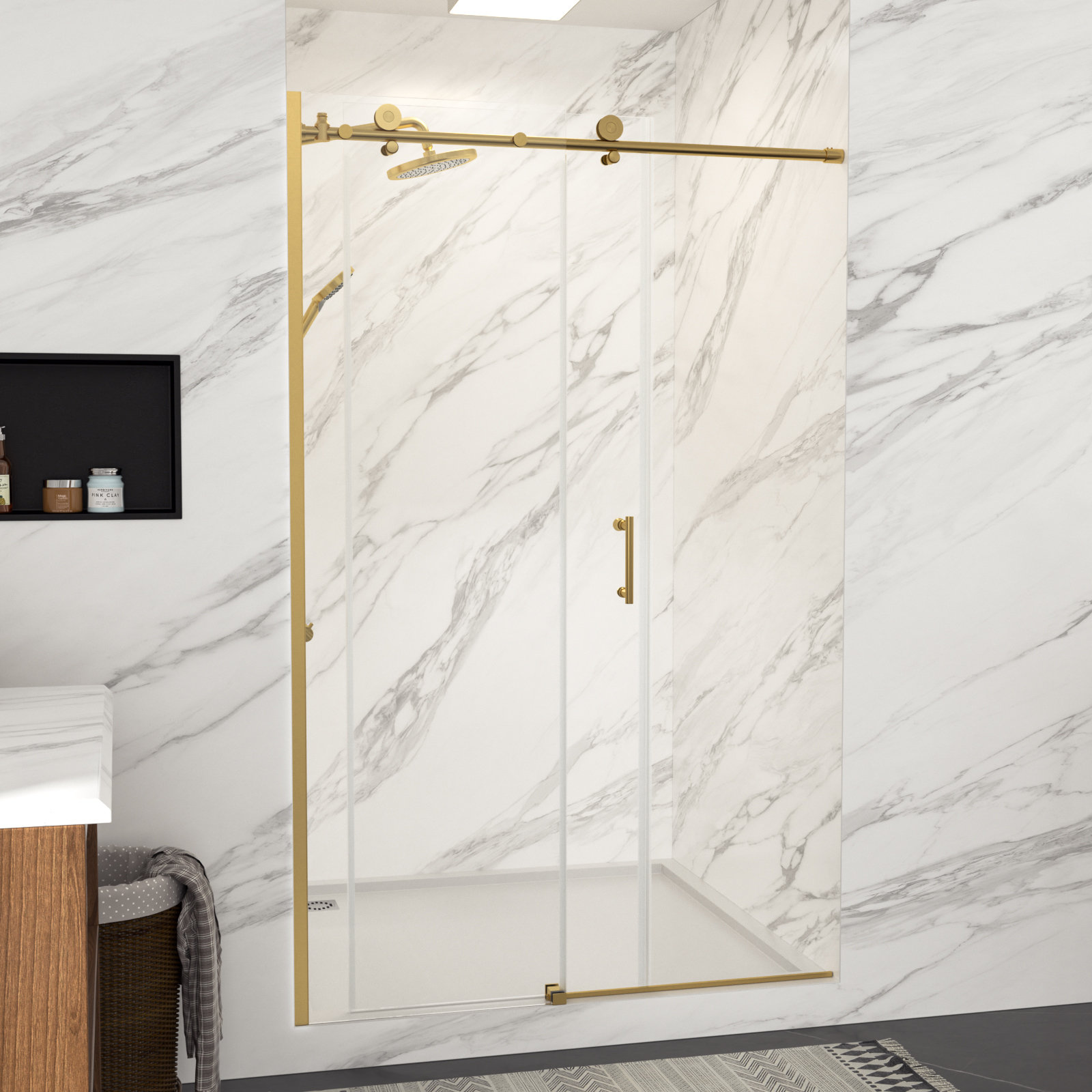 Lordear 48" W x 76" H Frameless Rolling Shower Door Sliding Tempered ...