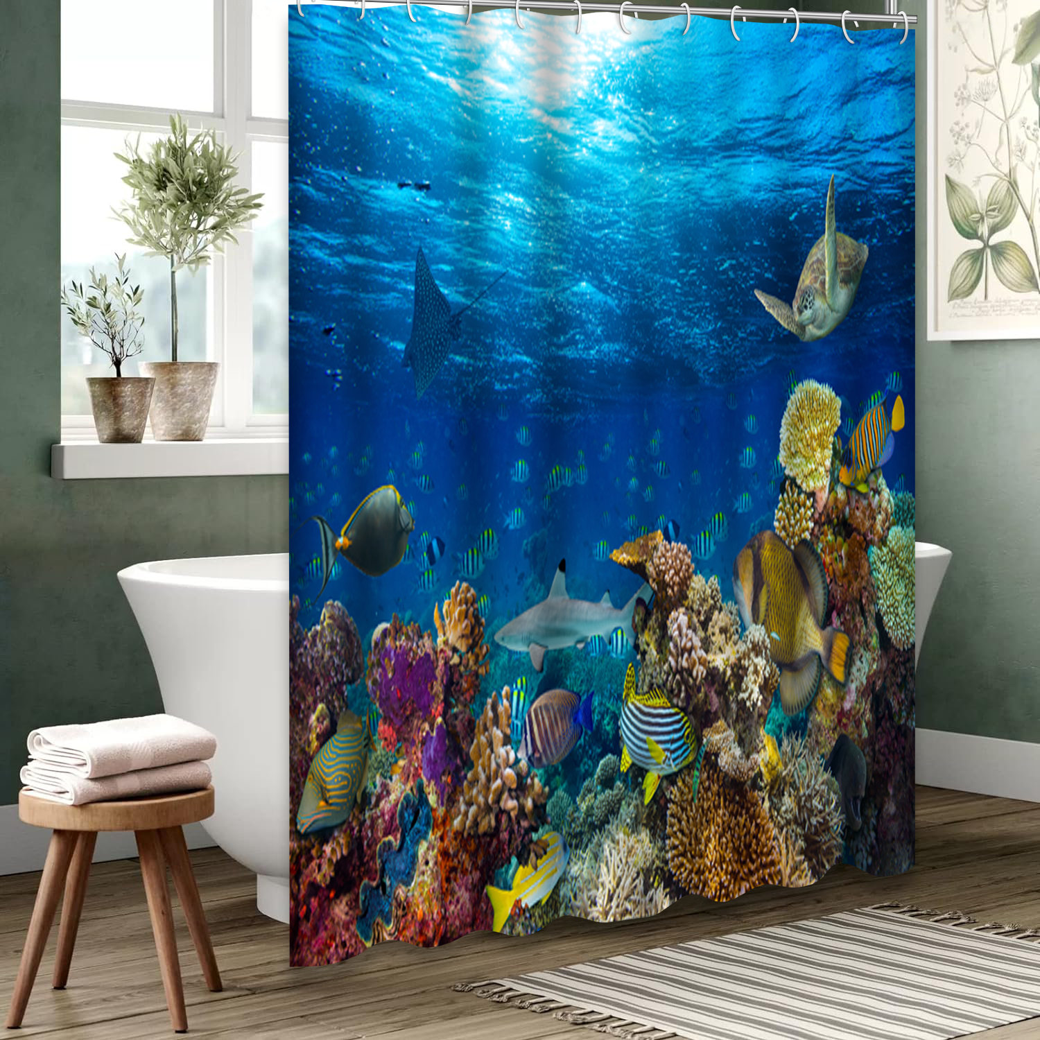 East Urban Home Waterproof Blue Coral Shower Curtain, Tropical Fish and ...