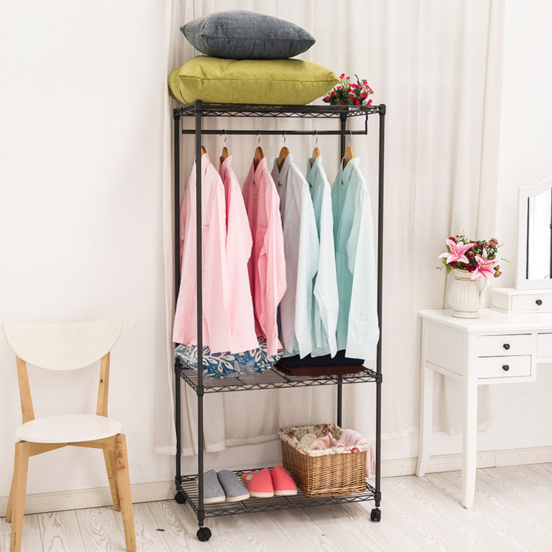 Rebrilliant 3 Tiers Rolling LockableFreestanding Wardrobe Closet ...