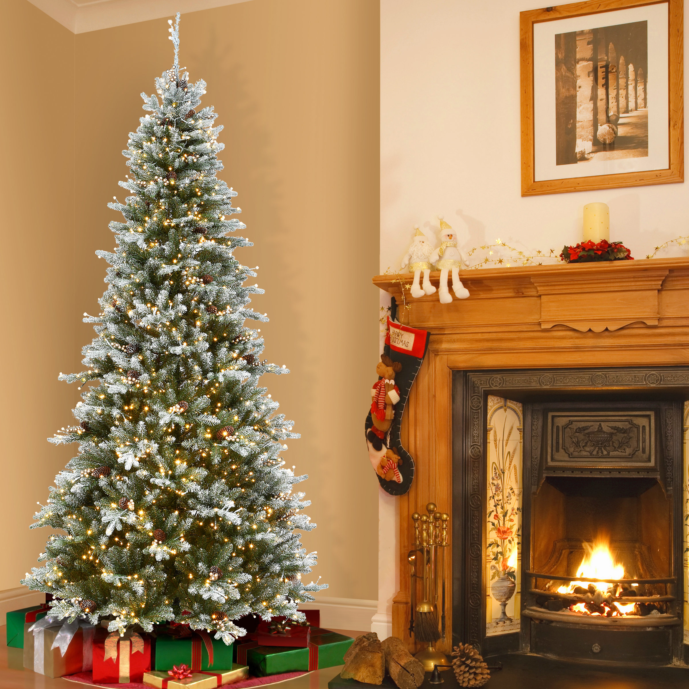 The Holiday Aisle® 9 ft. Snowy Morgan Spruce Slim Tree with Dual Color ...