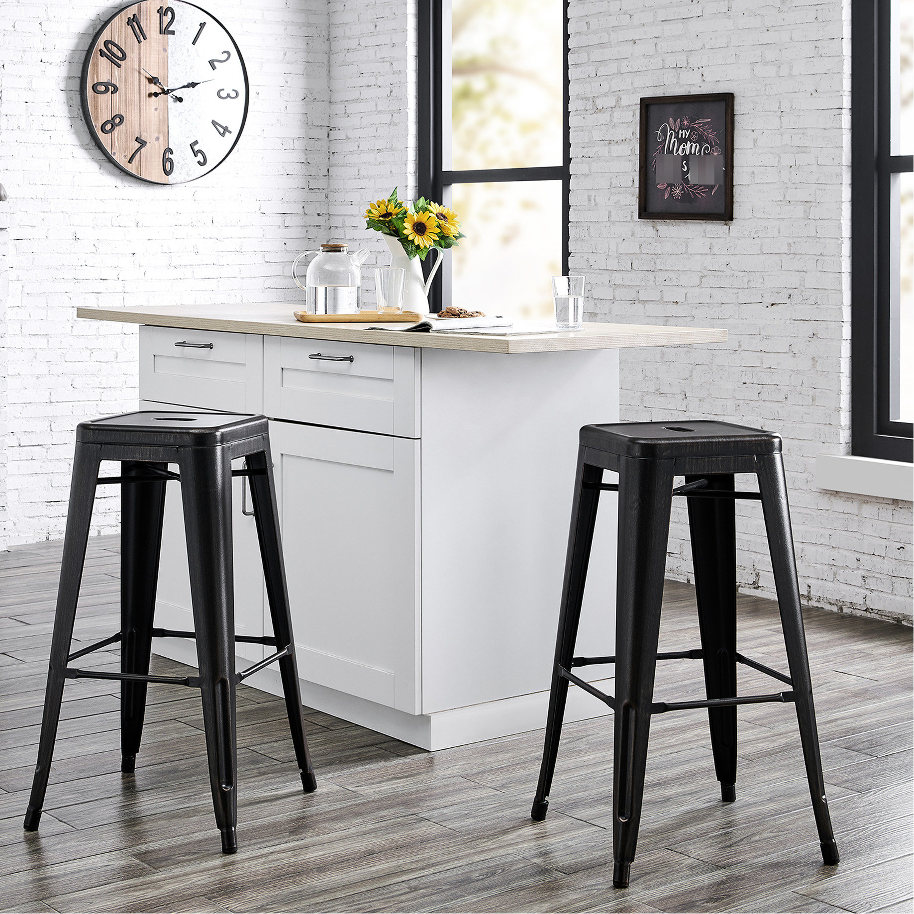 Latitude Run® Art Backless Bar Stools 2 Pack, 30" Seat, Black Abs+Pc ...