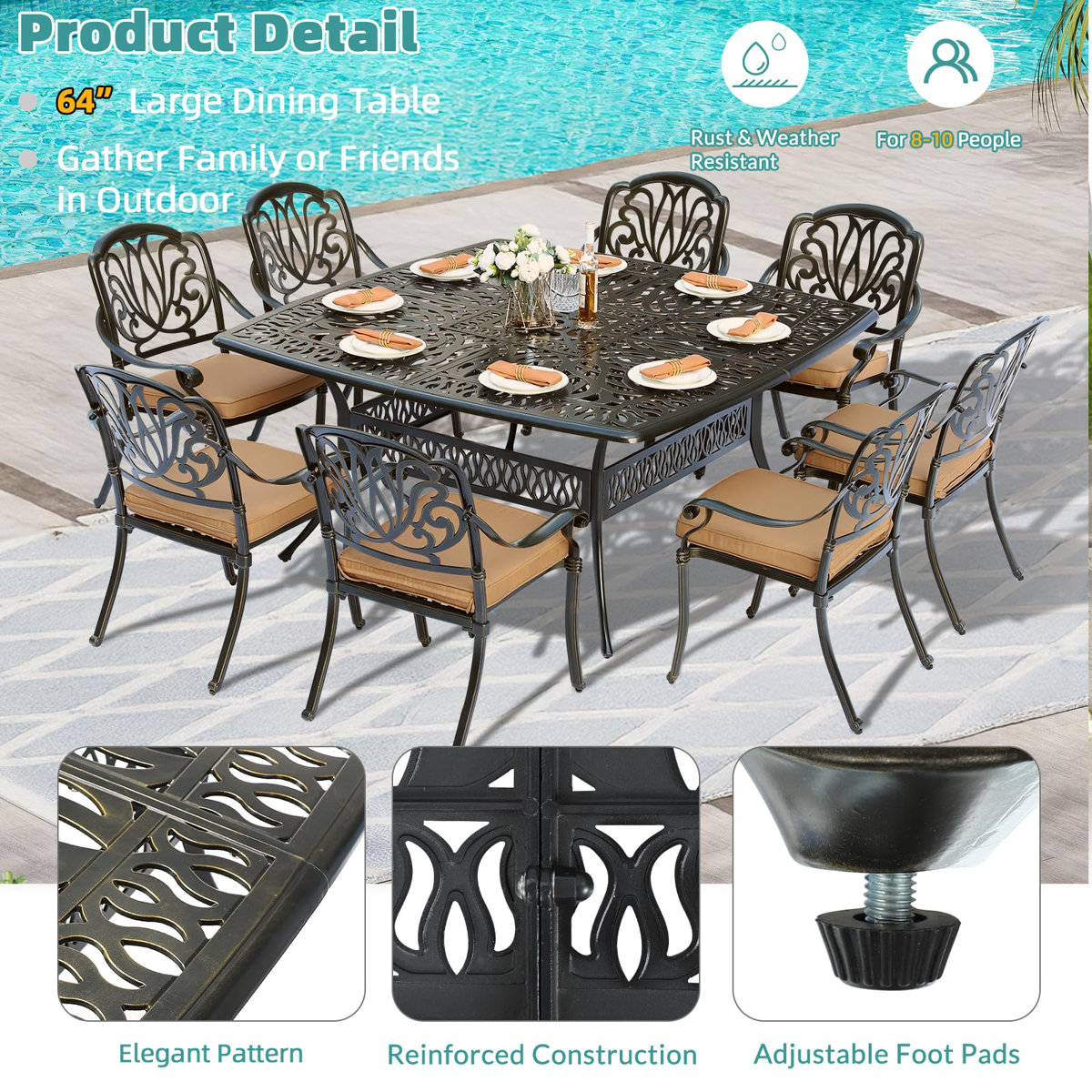 Astoria Grand Outdoor 64" Square Patio Dining Table For 8, All Weather ...