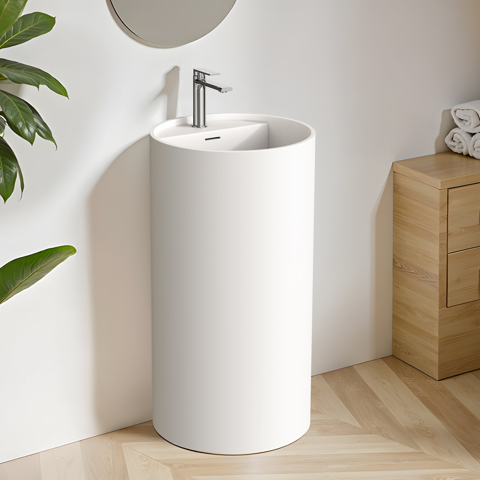 BCANHOME 33.5'' Tall Solid Surface Round Pedestal Sink, White Bathroom ...