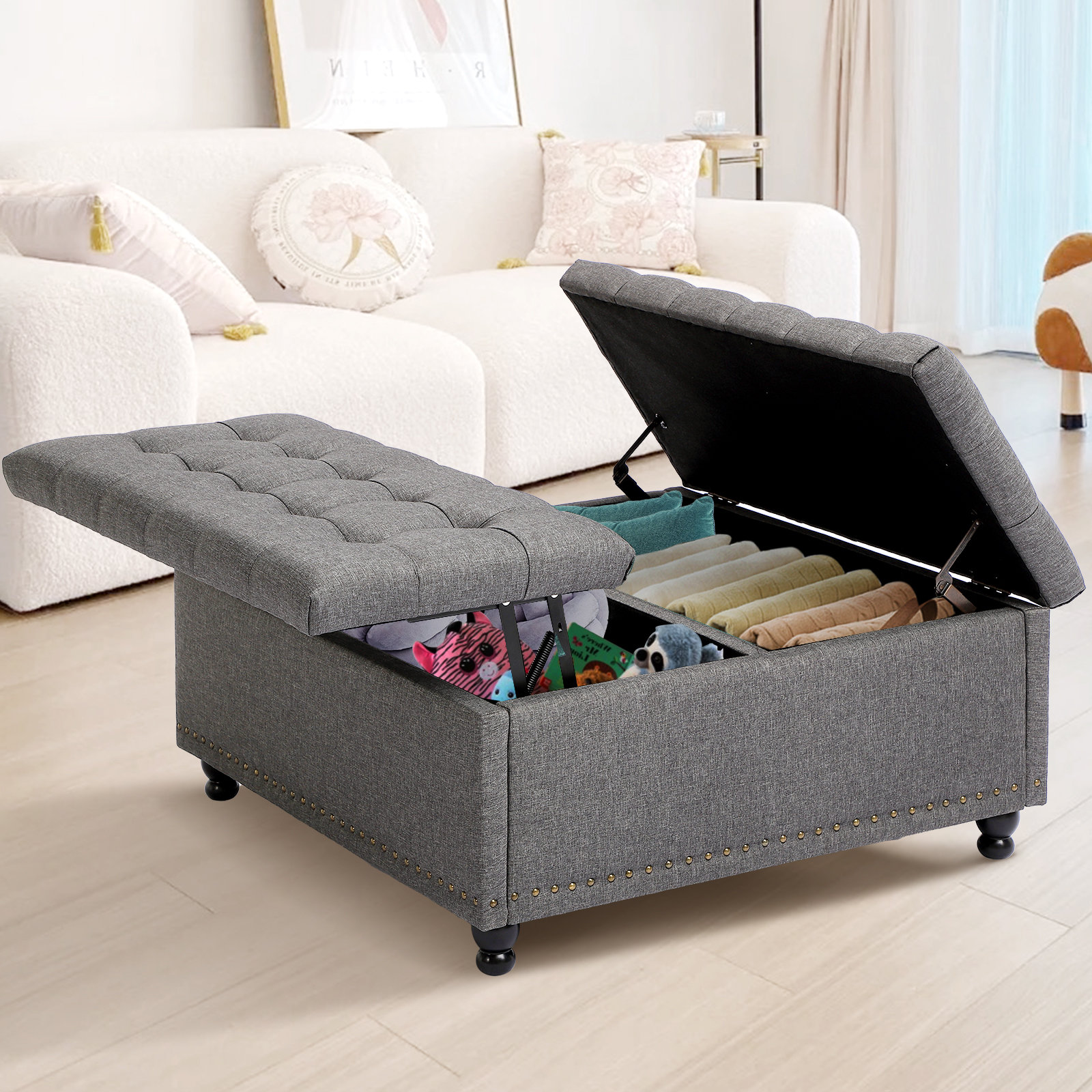 Alcott Hill Cymon 35.5” Upholstered Square Large Storage Ottoman ...