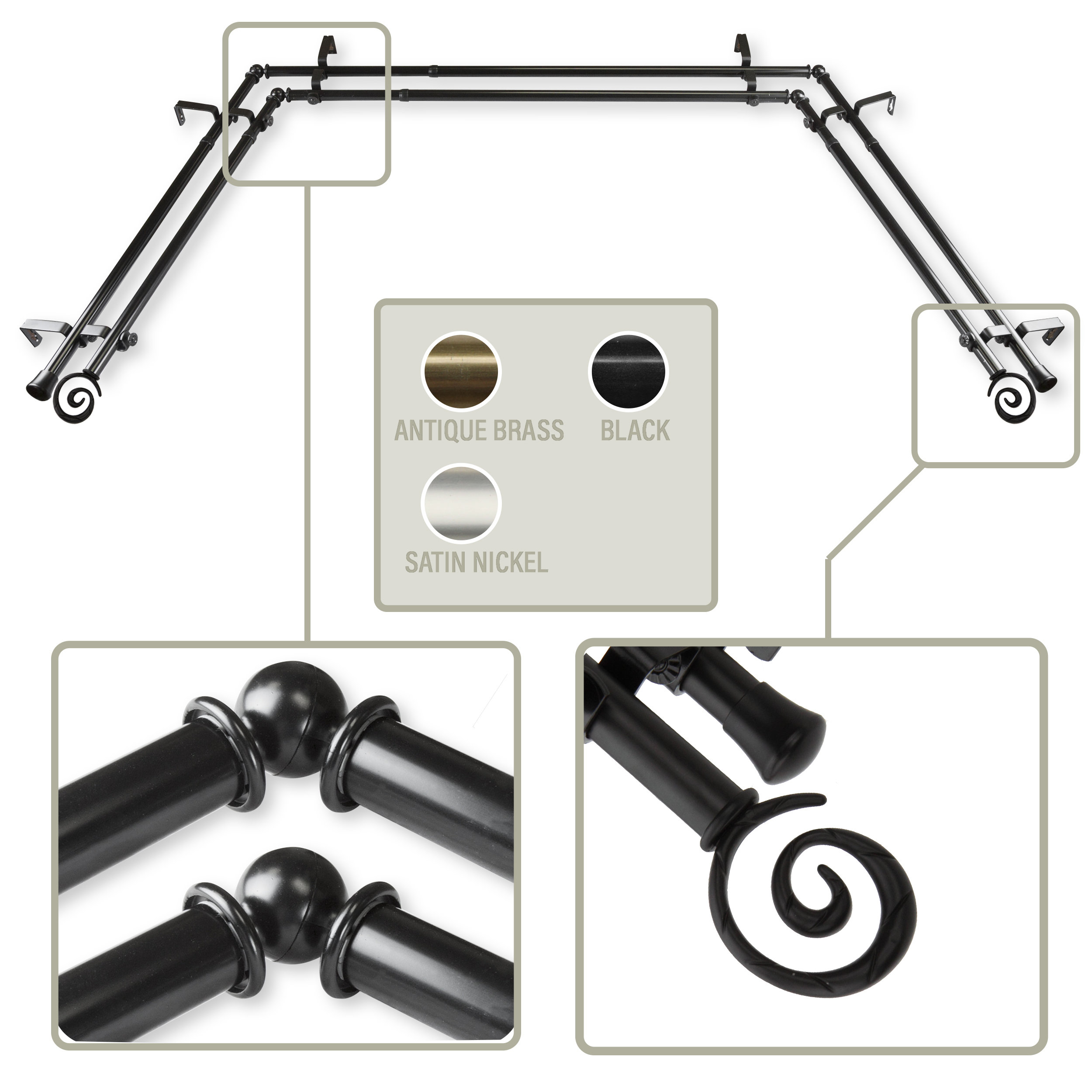 Rod Desyne Adjustable 38" to 72" 0.81" Bay Window Double Curtain Rod ...