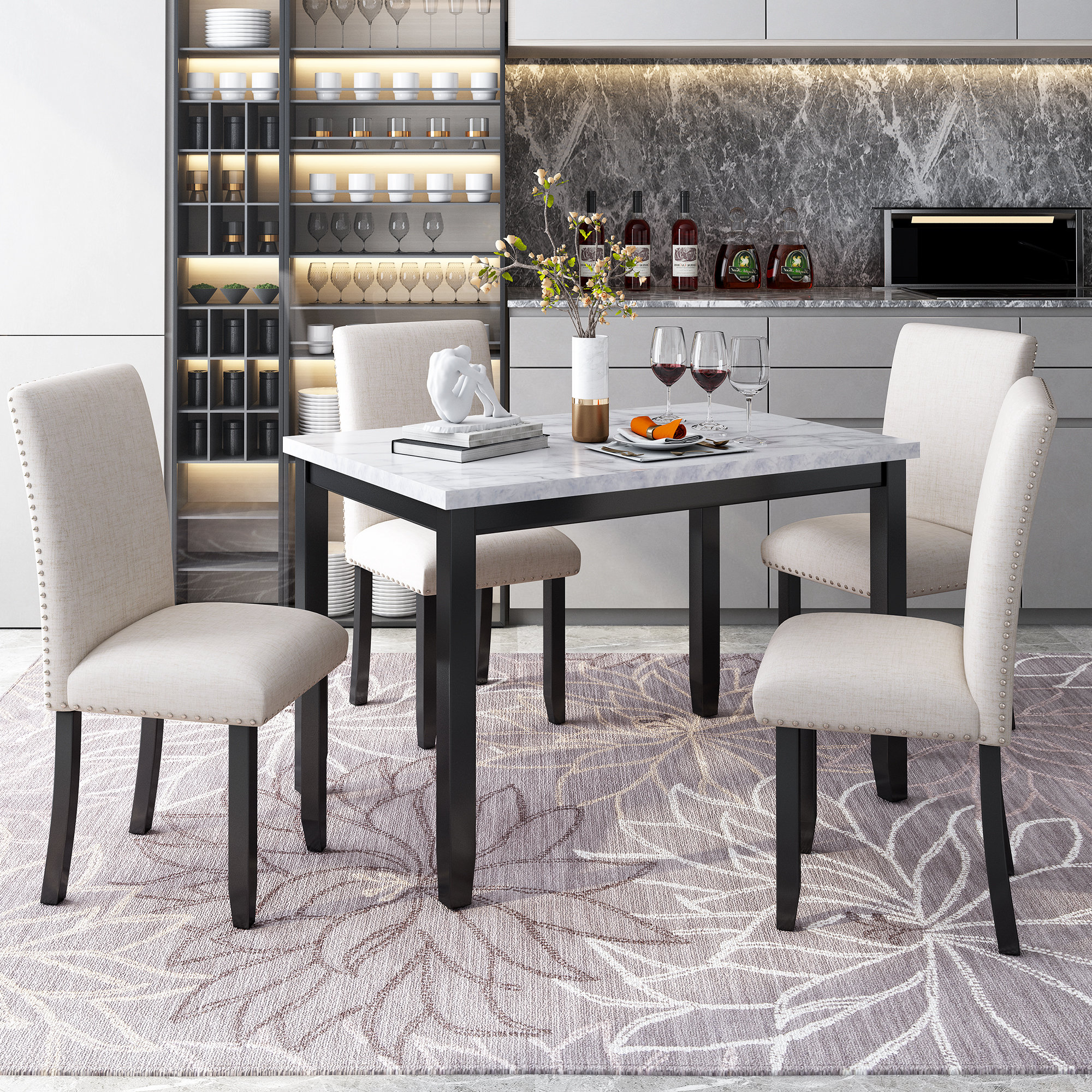 Latitude Run® 5-Piece Faux Marble Dining Set with 4 Padded Chairs ...