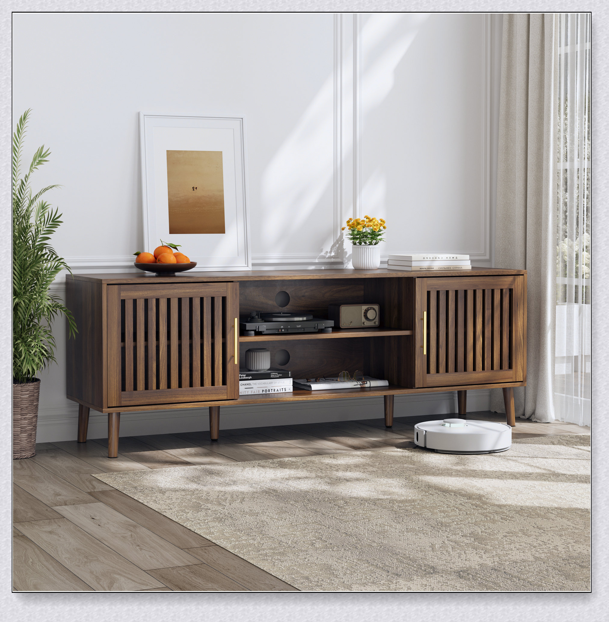 Millwood Pines 63 inch TV stand with 2 grille door cabinets and ...