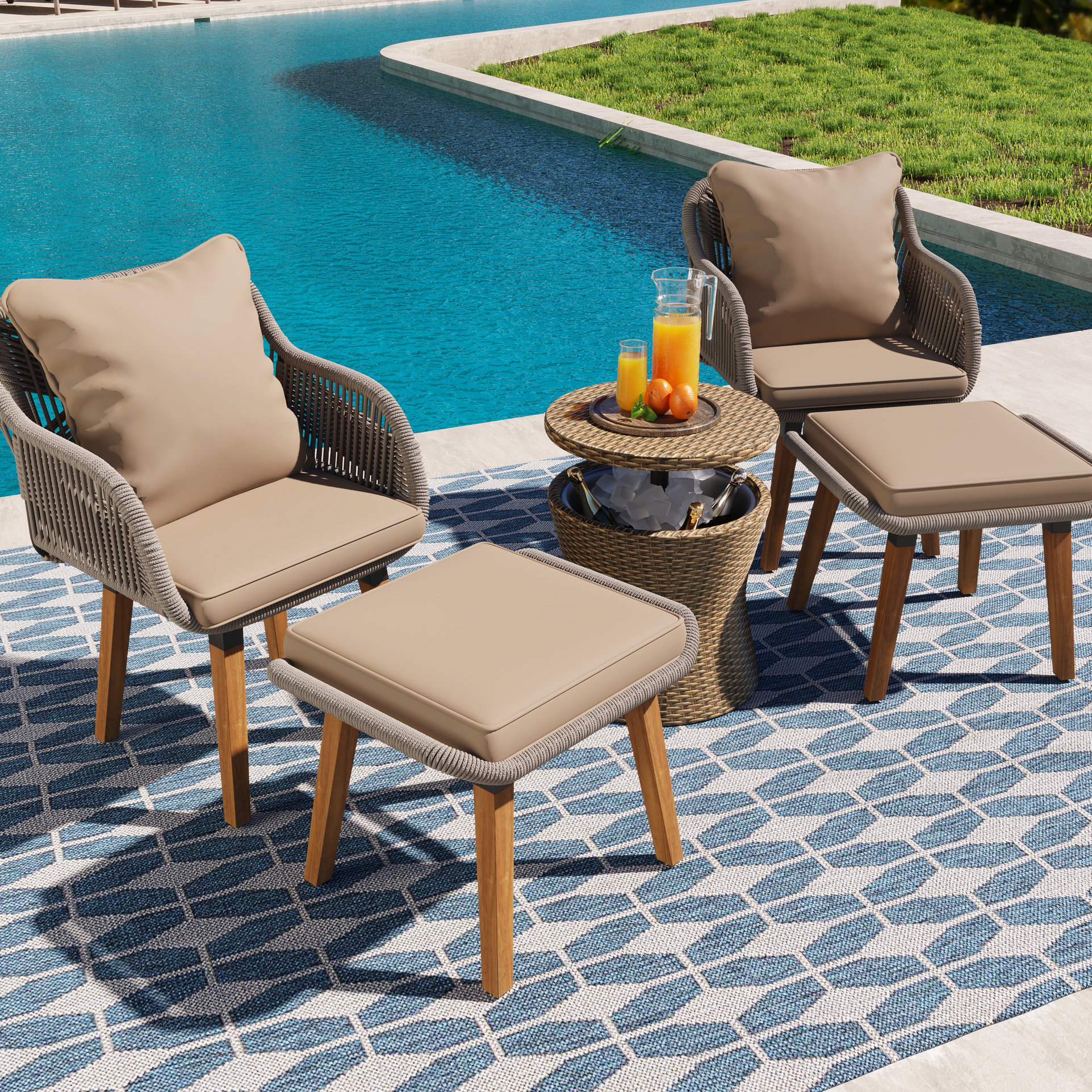 Ebern Designs Patio Furniture - 5 Pieces With Bar Table & Ottomans For ...