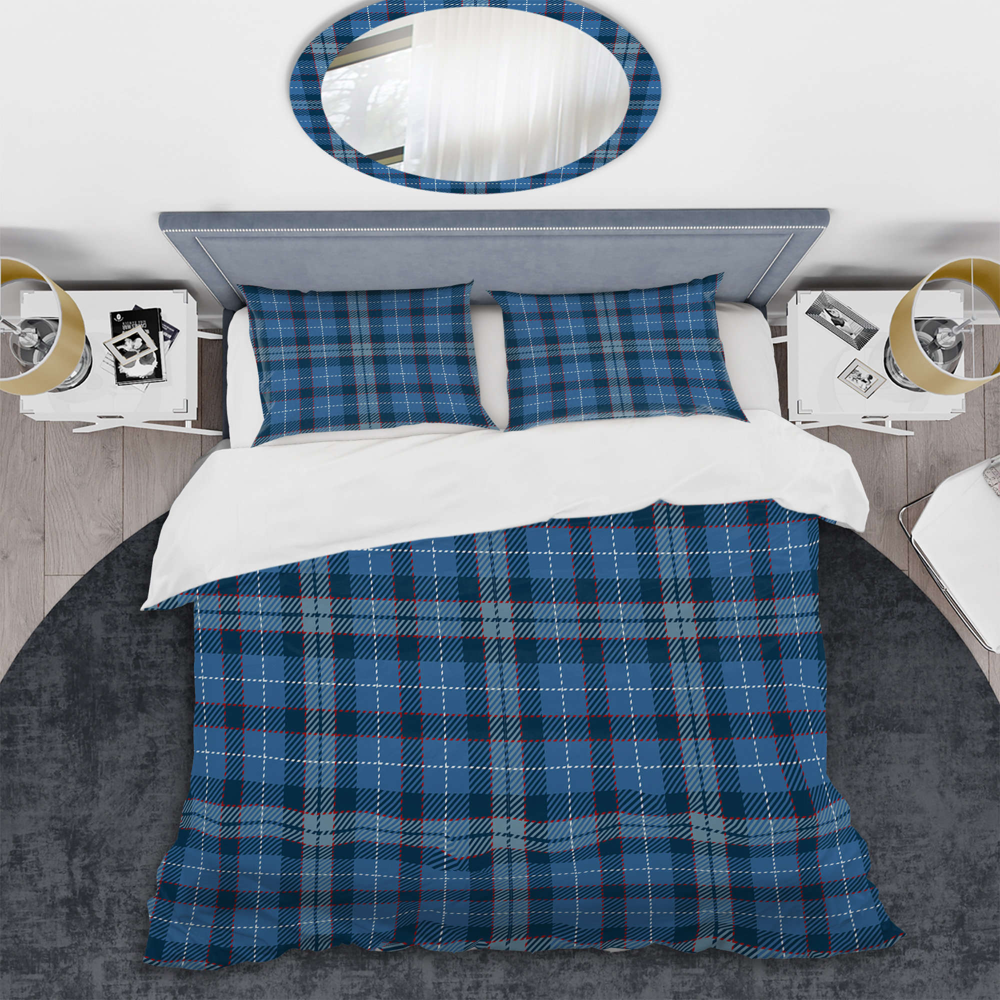 Design Art Blue Checked Tartan Blue Microfiber 3 Piece Duvet Cover Set ...