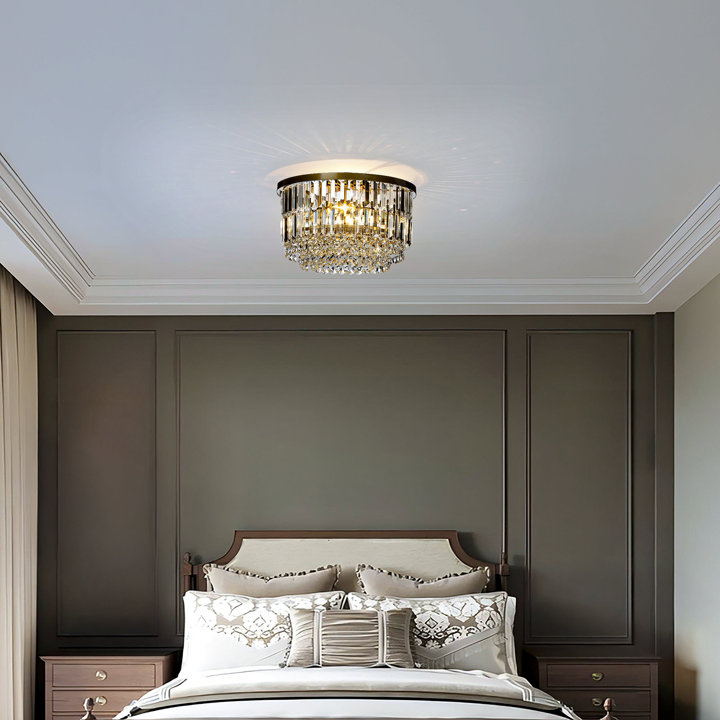 Everly Quinn Plafonnier encastré traditionnel en or 3 lumières 16 po avec détails en cristal ...