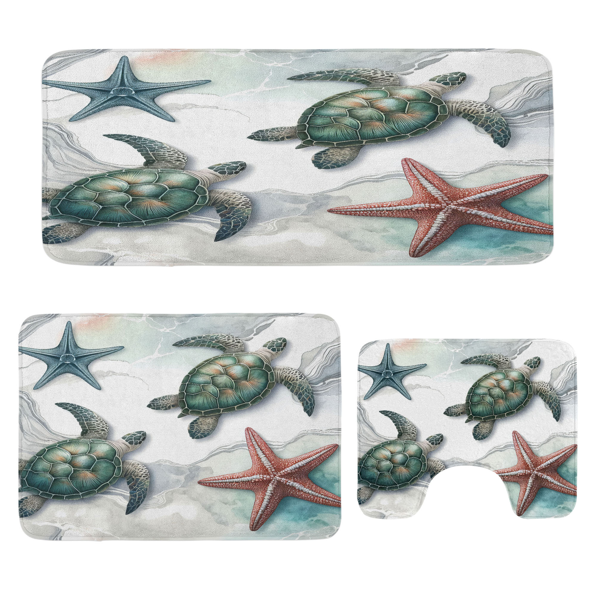 Dakota Fields Turtle Bathroom Rug Set 3 Pieces U-Shape & Rectangle Mats Emerald Salmon and Blue ...