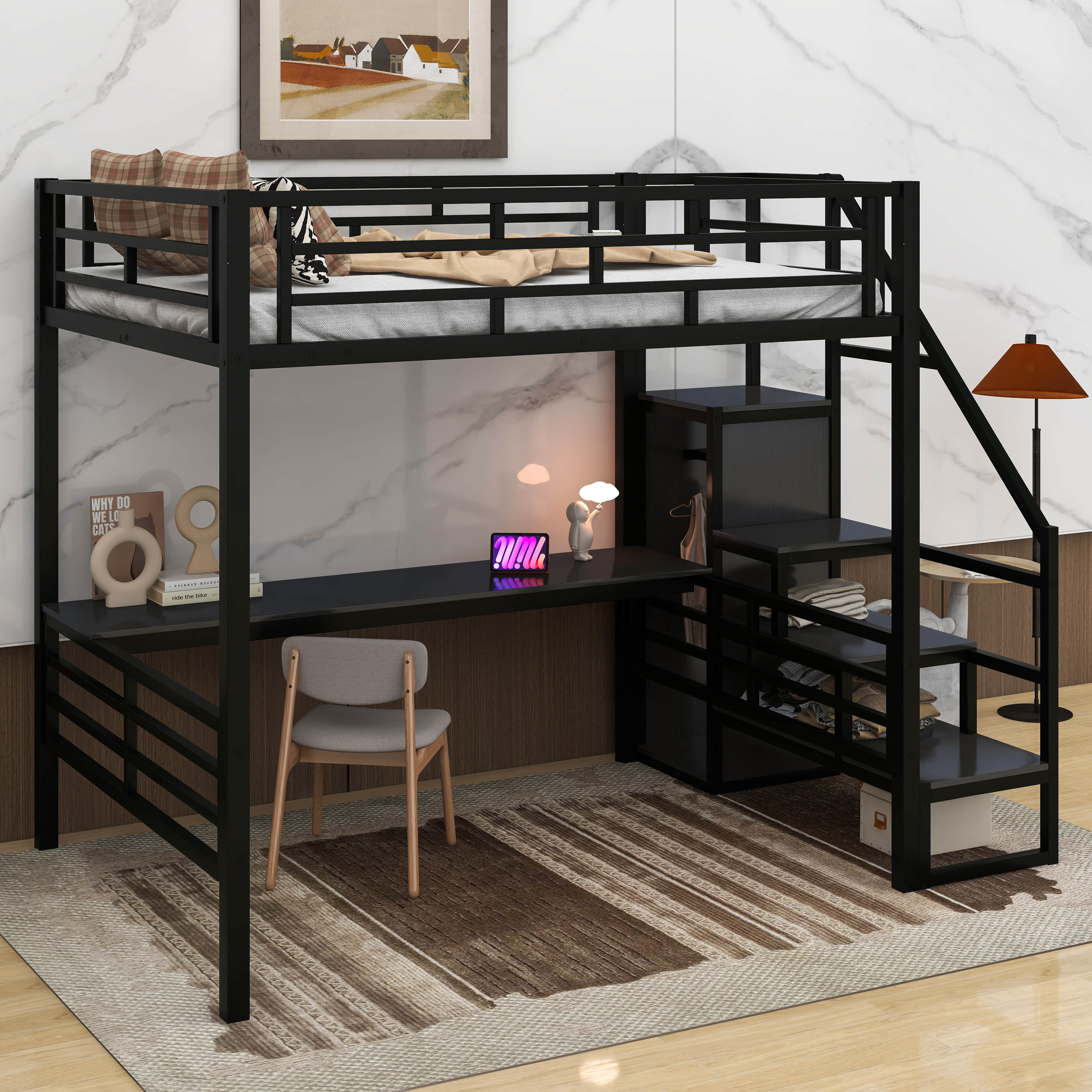 Mason & Marbles Hobert Full Size Metal Loft Bed with Desk, Staircase ...
