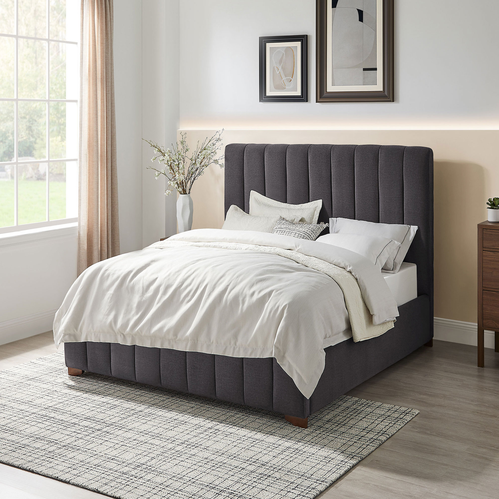 Latitude Run® Upholstered Full Size Bed Frame With Dark Grey Fabric And ...