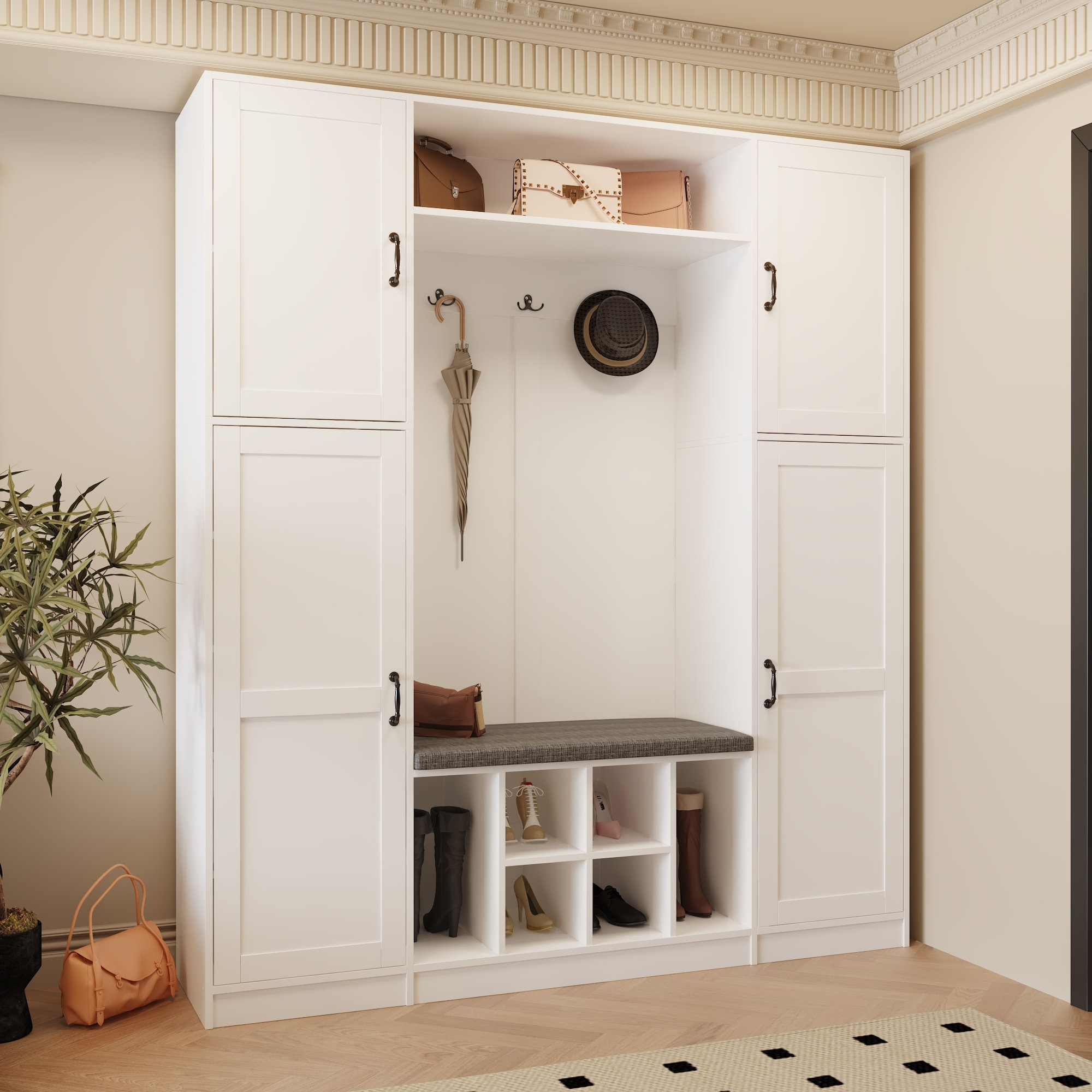 Morinome 40 Pairs Of Shoes Storage Cabinet With Hooks& Bench | Wayfair