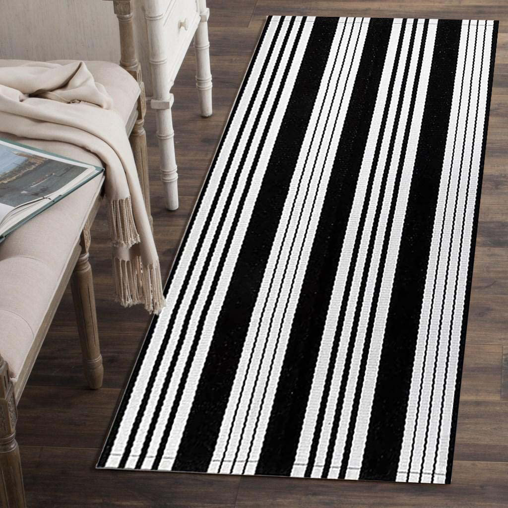 Latitude Run® Front Porch Rug 24'' X 51'' Black And White Striped ...