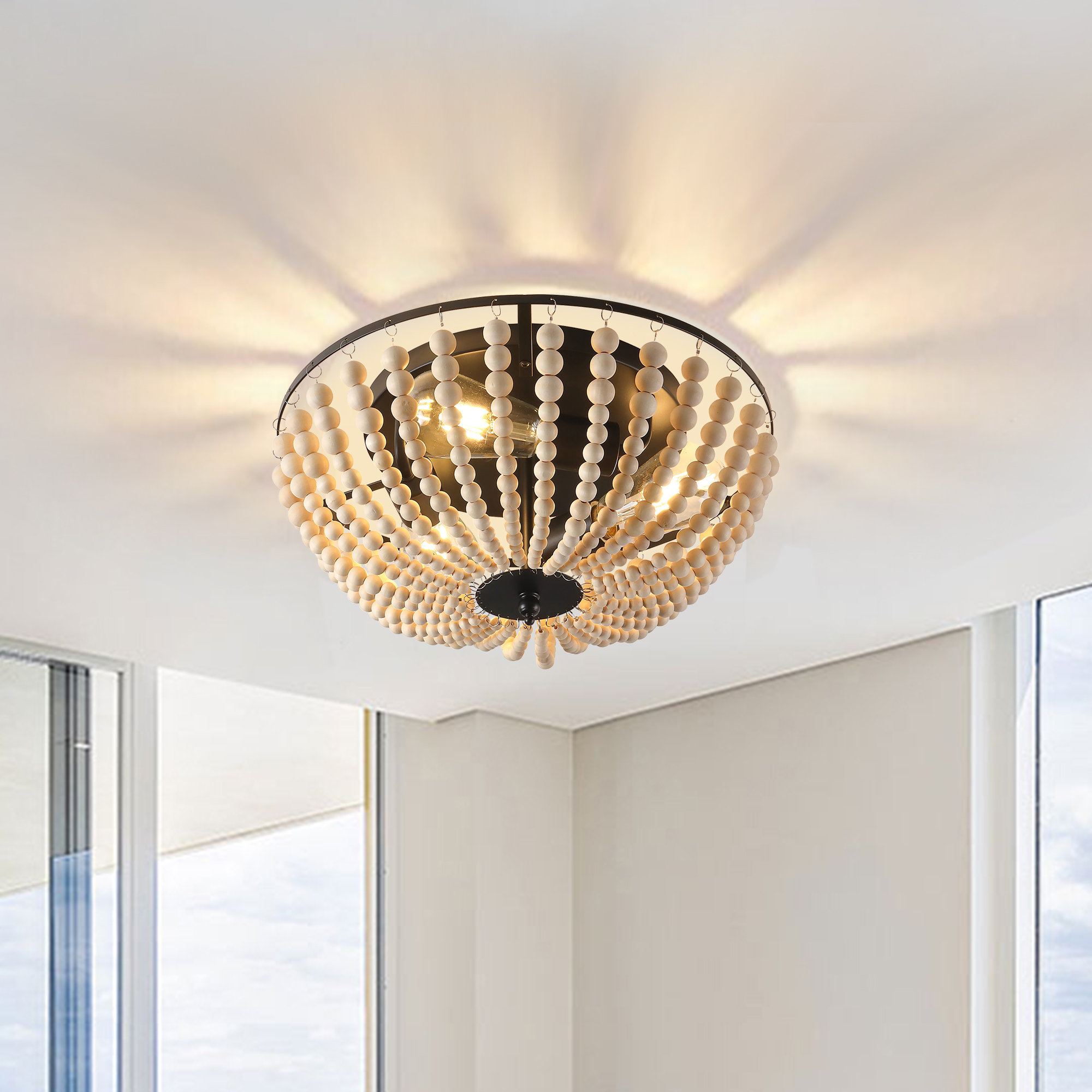 Bungalow Rose Wood Flush Mount Beaded Light Fixture Boho Ceiling Light ...