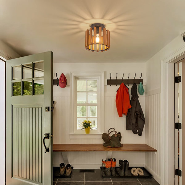 17 Stories Rustic Flush Mount Light Fixture Oak Wood Round Drum Semi ...