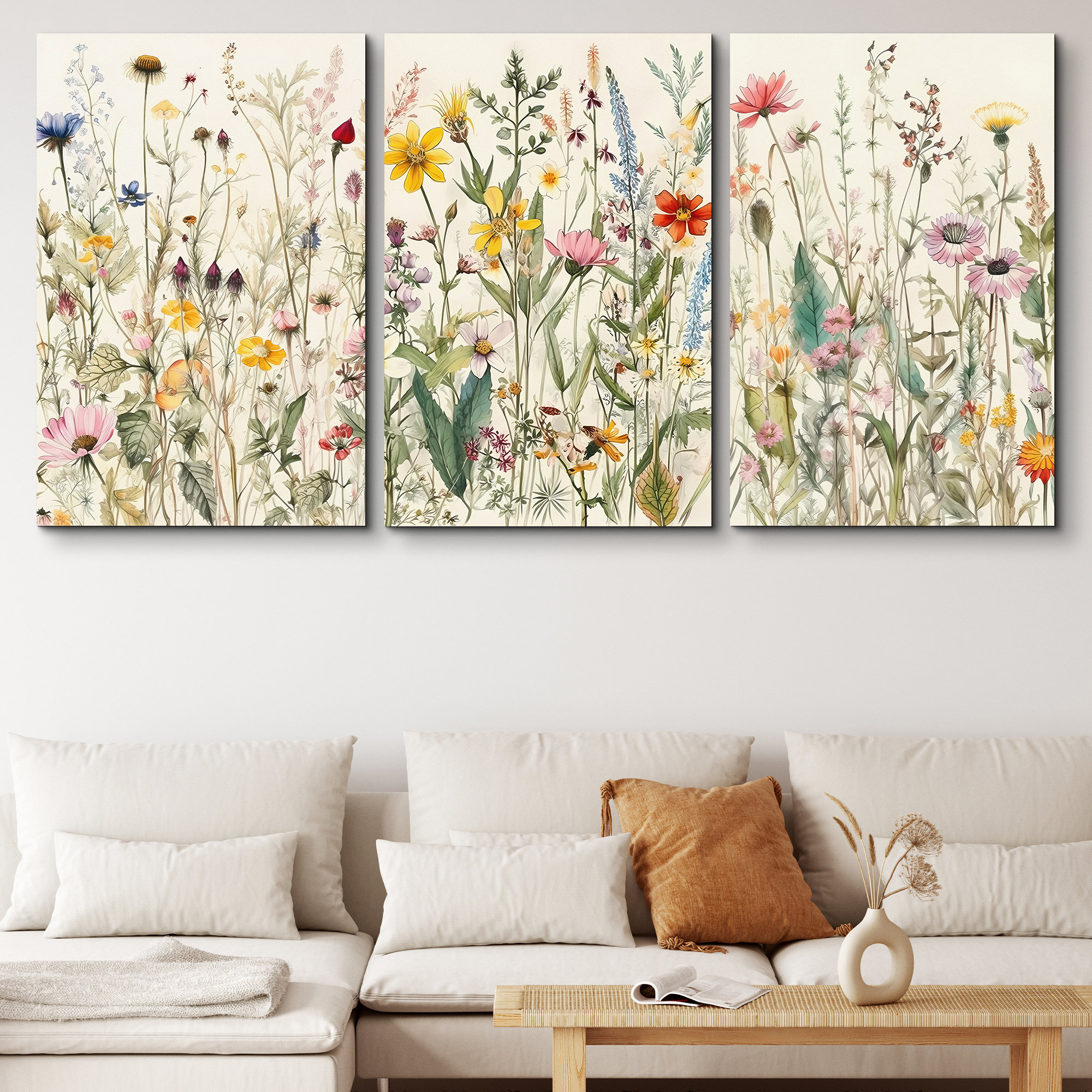 IDEA4WALL Vibrant Wildflower Colorful Floral & Botanical Pictures Framed Canvas 3 Pieces Set ...