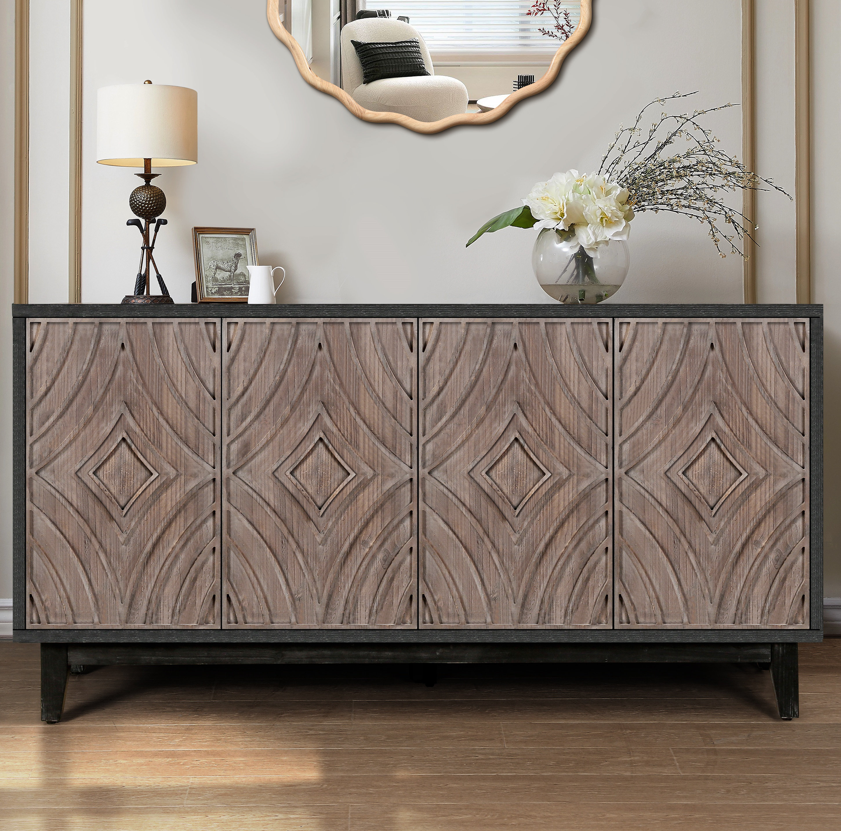 Latitude Run® Mid-century cabinet with wood legs with 4 raised ...