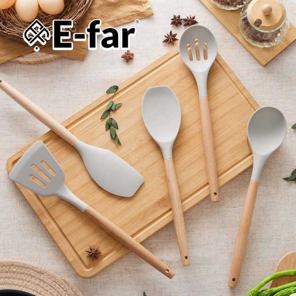 HAPPY LIFE 5-Piece Silicone Cooking Utensils Set With Wooden Handle ...